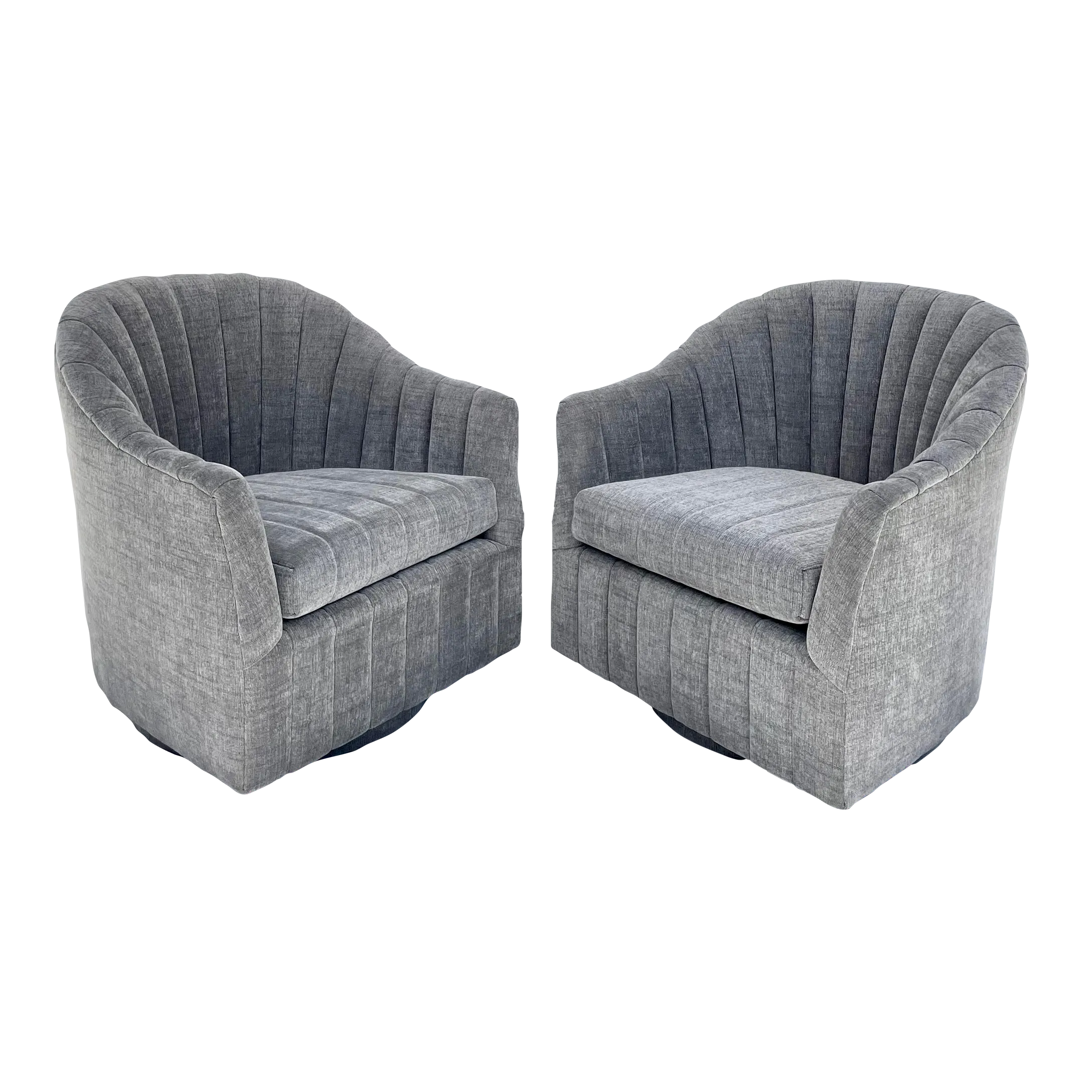 Vintage Pair of Gray Swivel Lounge Chairs With Channel Detail Newly Reupholstered | Chairish