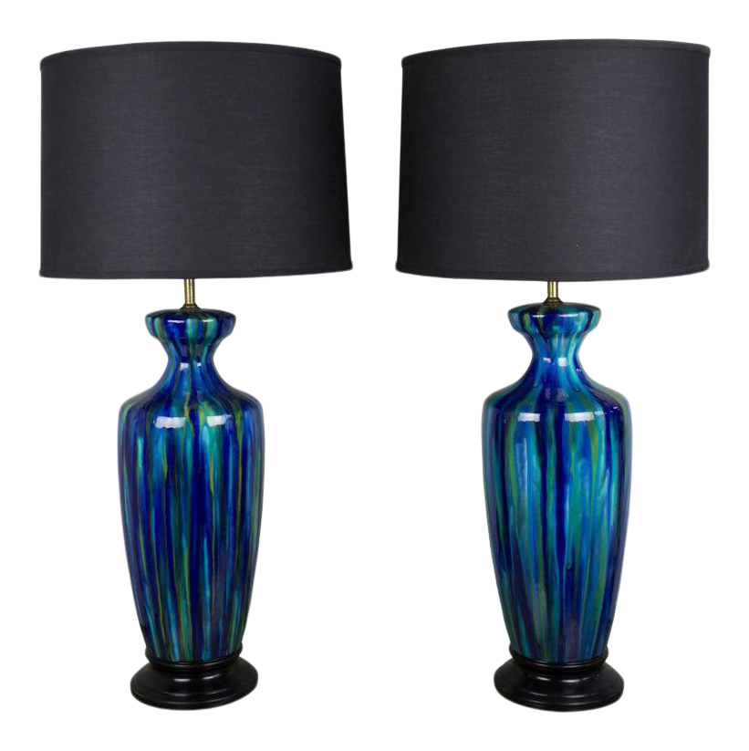 Pair of Mid-Century Modern Blue Glazed Lamps | Chairish
