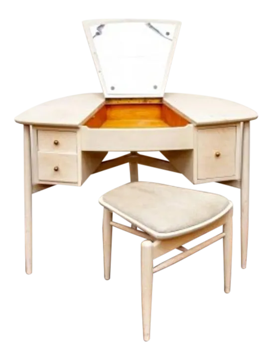 Mid-Century John Stuart Vanity Desk With Bench | Chairish