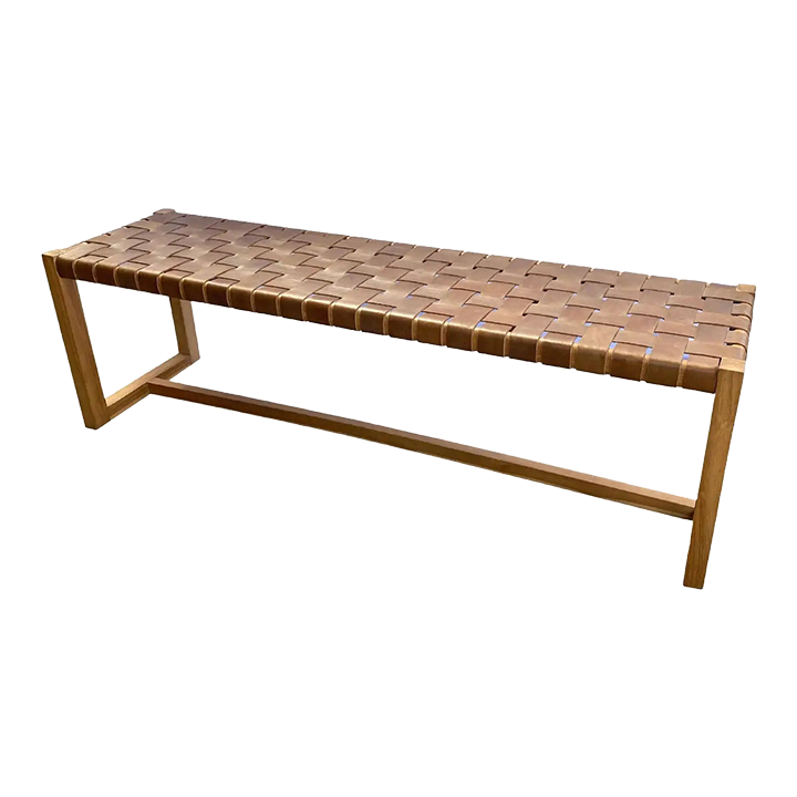 Teak Wood Framed Bench, With Woven Leather Seat | Chairish