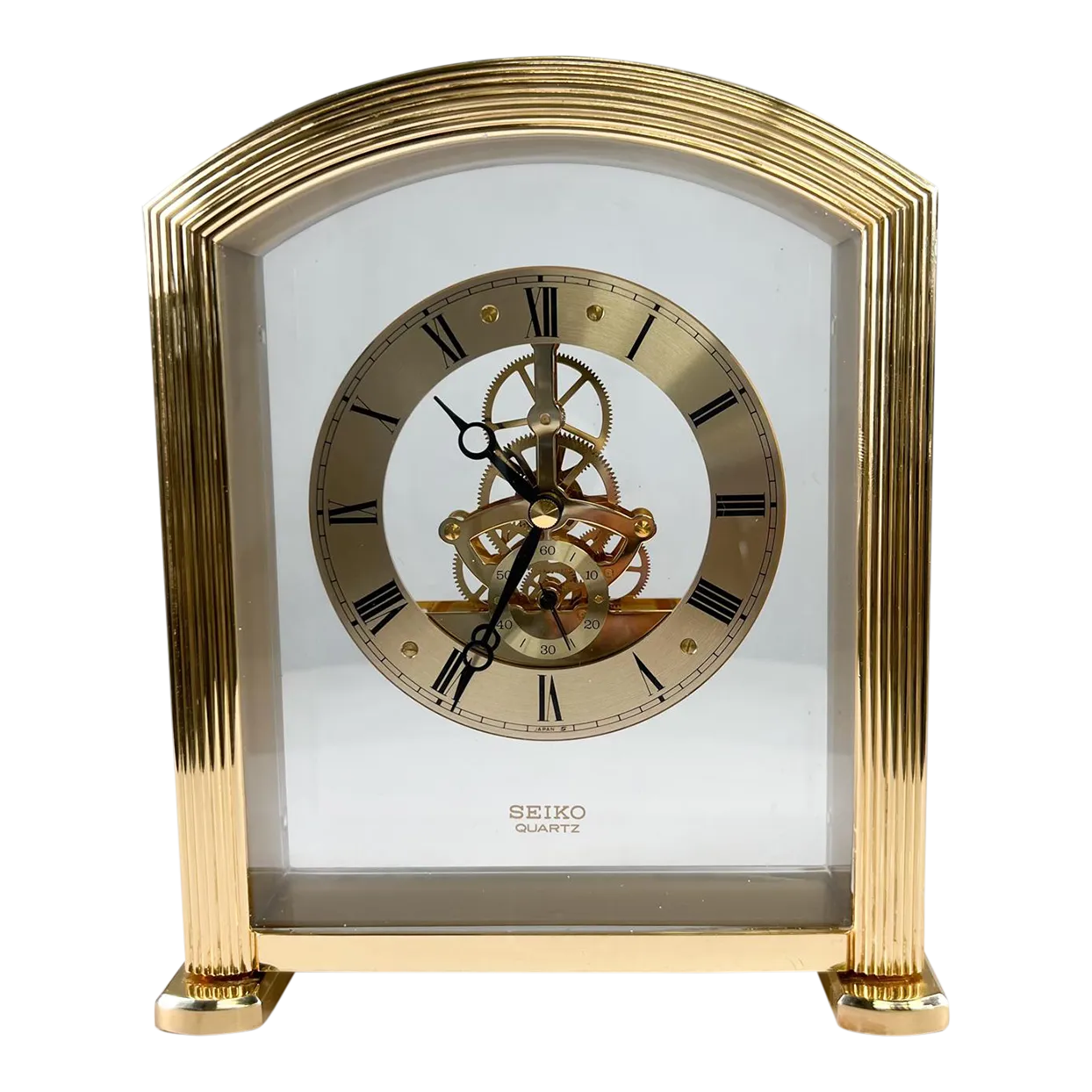 1980s Modern Seiko Quartz Skeleton Desk Clock in Brass | Chairish