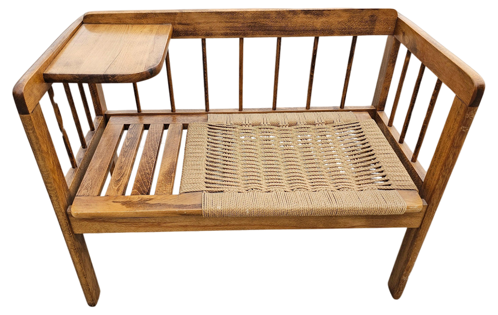 Mid-Century Modern Telephone Bench with Danish Paper Cord Seat, Former ...