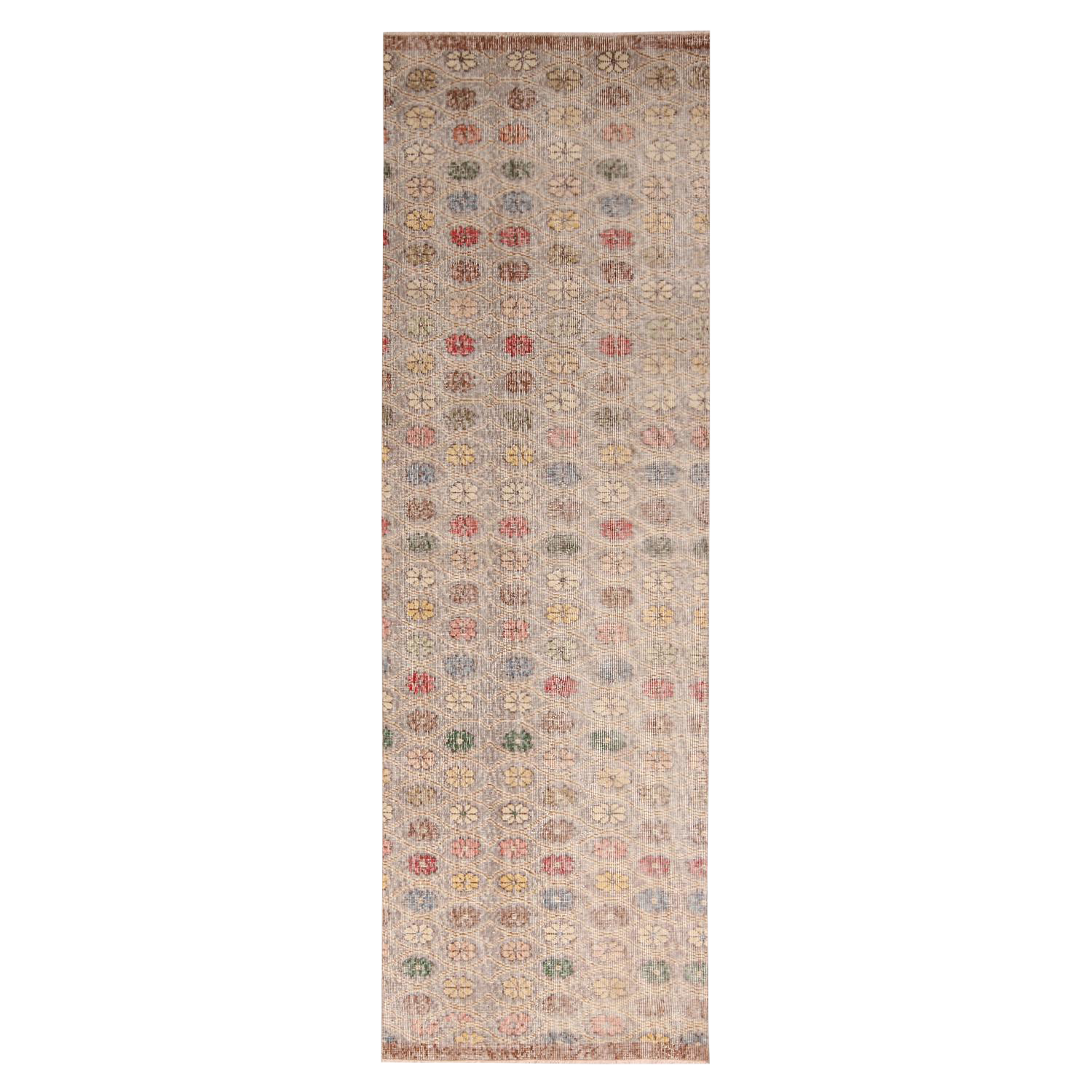 Vintage Mid-Century Tan-Brown Wool Runner - Multi-Color Floral Pattern ...