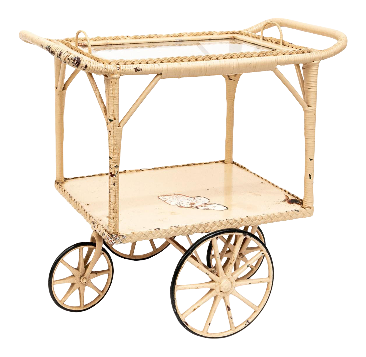 Antique Double Handled Wicker Cane Bar Cart With Tray | Chairish