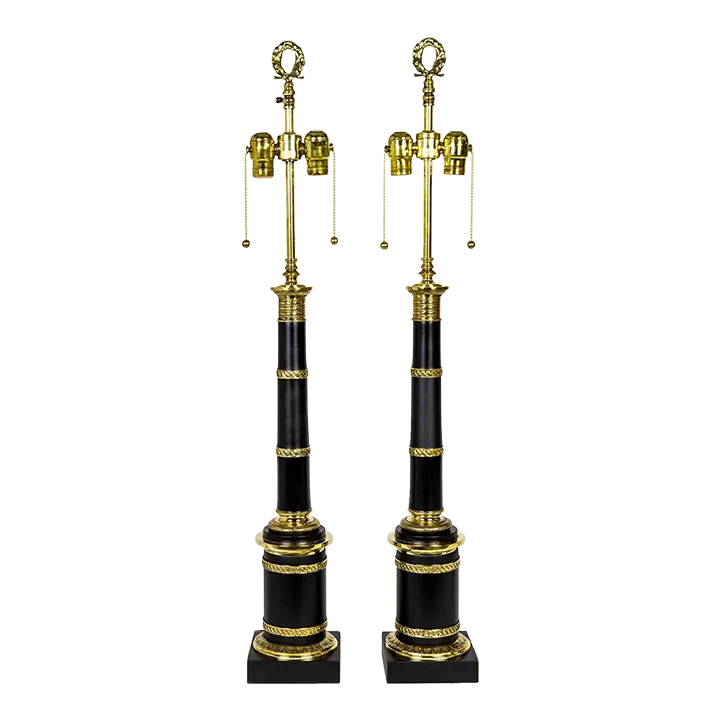 Mid 20th Century Tall Black Column Lamps With Brass Trim by Warren ...