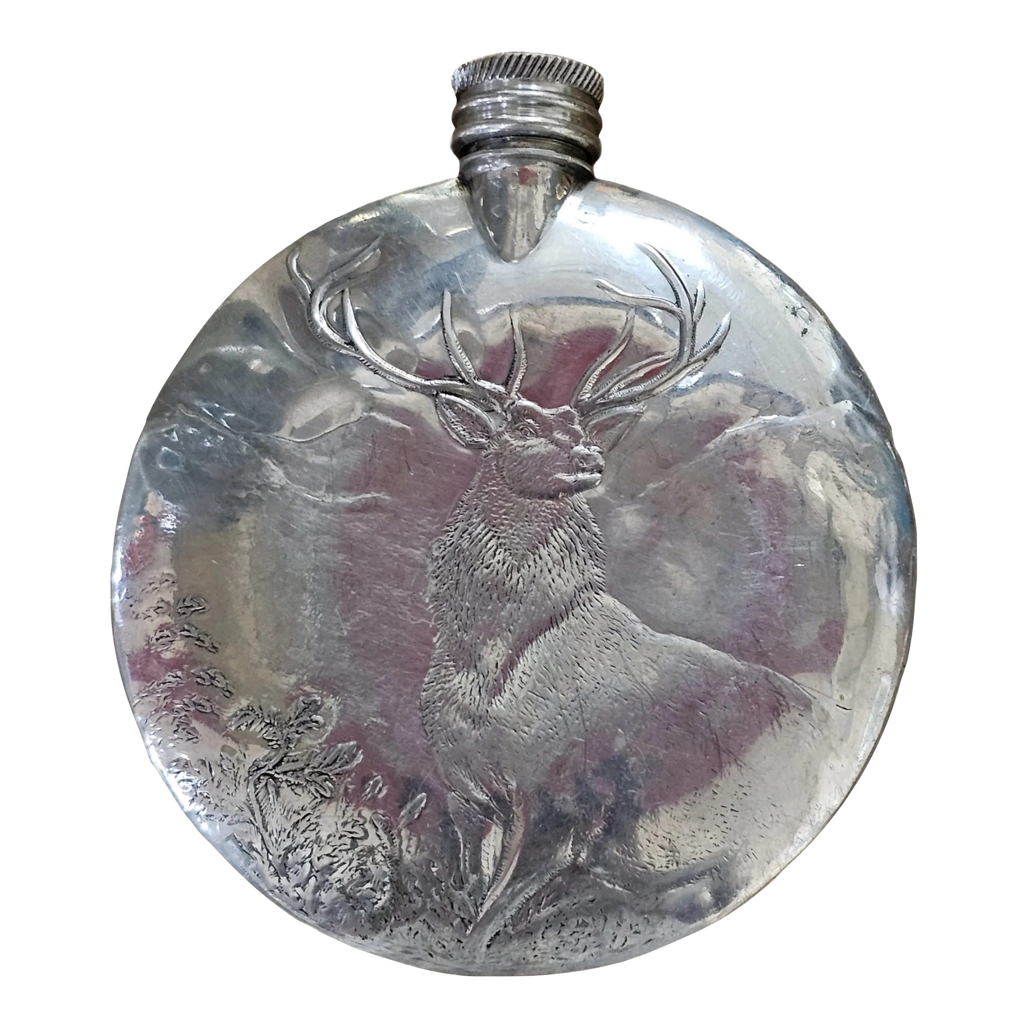 Mid Century Modern Pewter Round Flask With a Deer Etching | Chairish