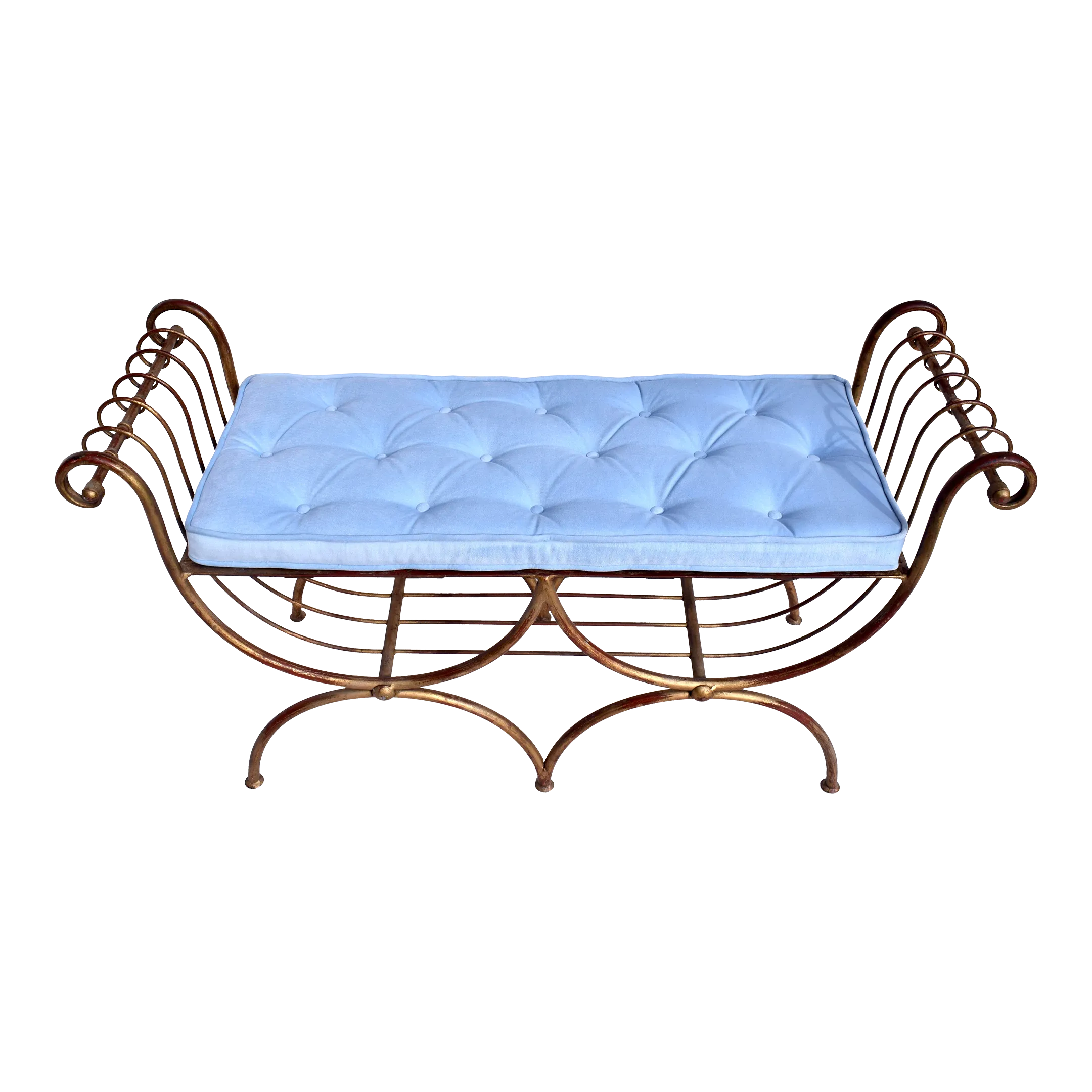 S. Salvadori Gold Enameled Double Curule Bench in Blue Velvet | Chairish
