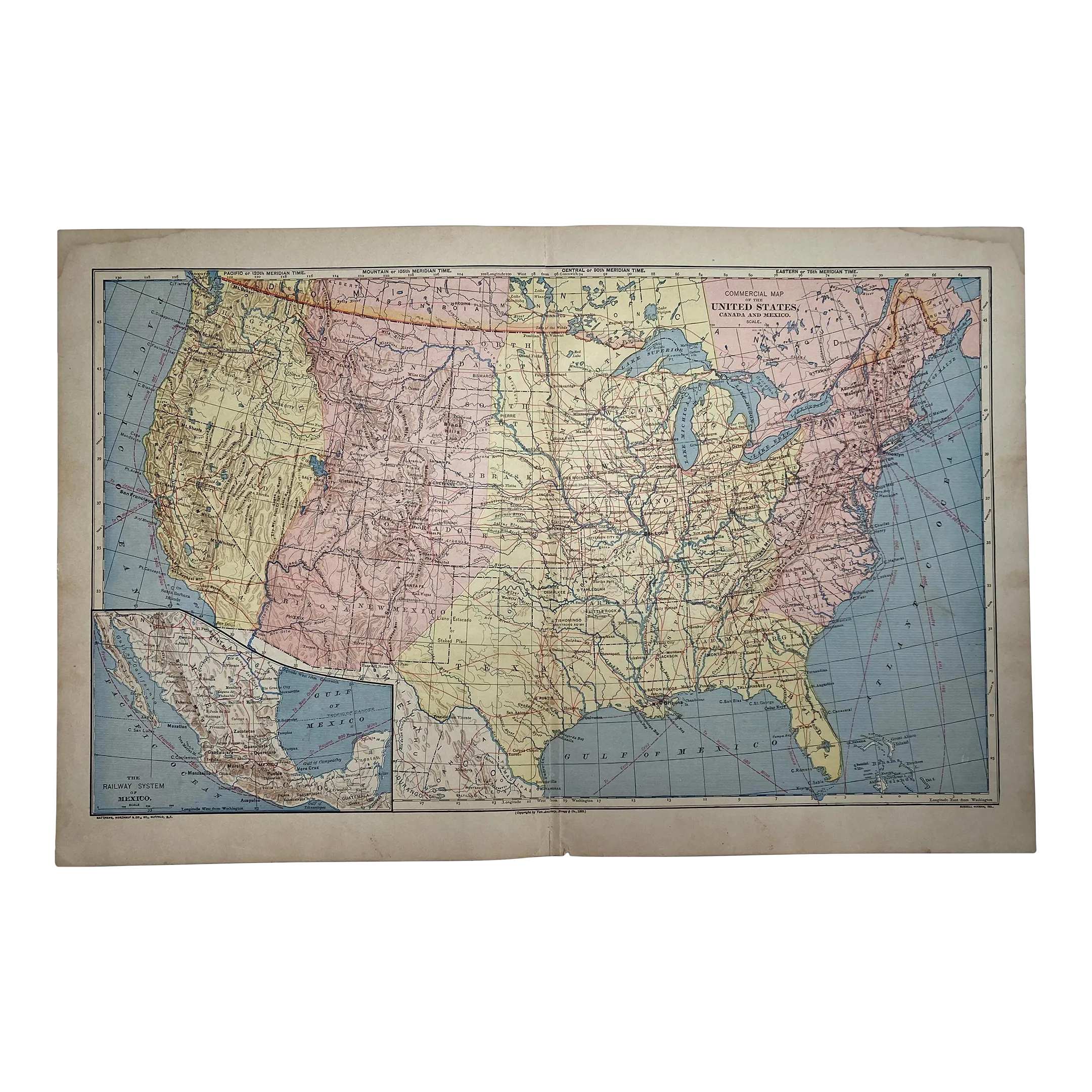 1883 Antique Commercial United States Routes Map | Chairish