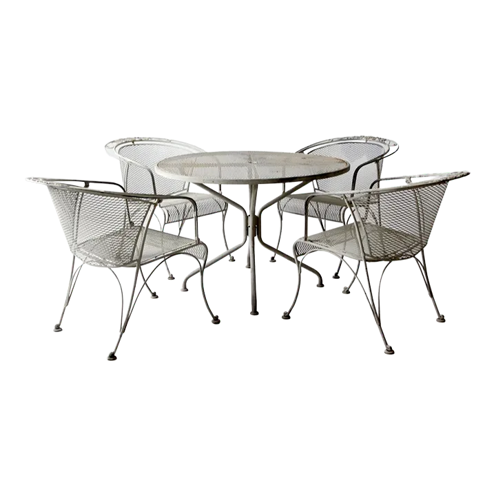 Mid-Century Wrought Iron & Mesh Outdoor Dining Set | Chairish