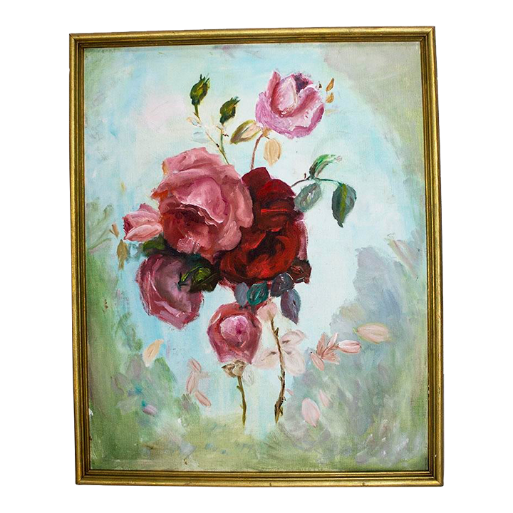 Lovely Vintage Oil Painting Bouquet of Roses - Signed O. Margua | Chairish