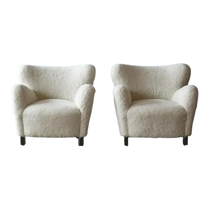 Pair of 1940s Style Classic Club or Lounge Chairs in Shearling | Chairish
