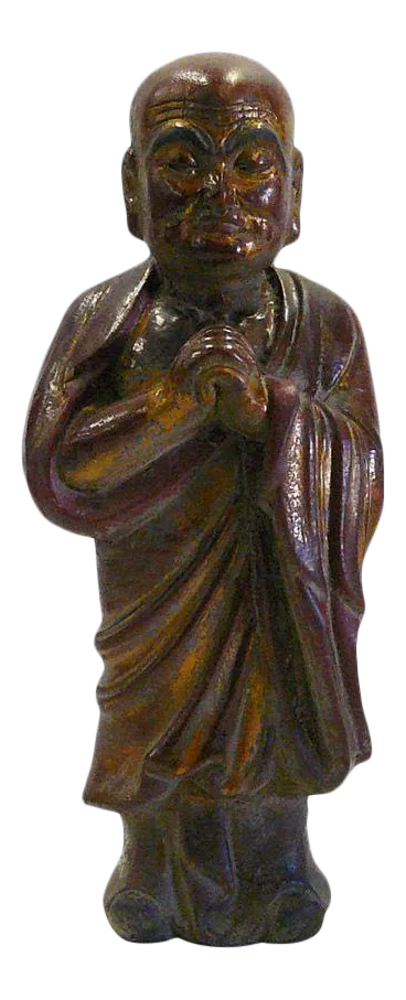 Vintage Chinese Wood Brown Golden Monk Figure | Chairish