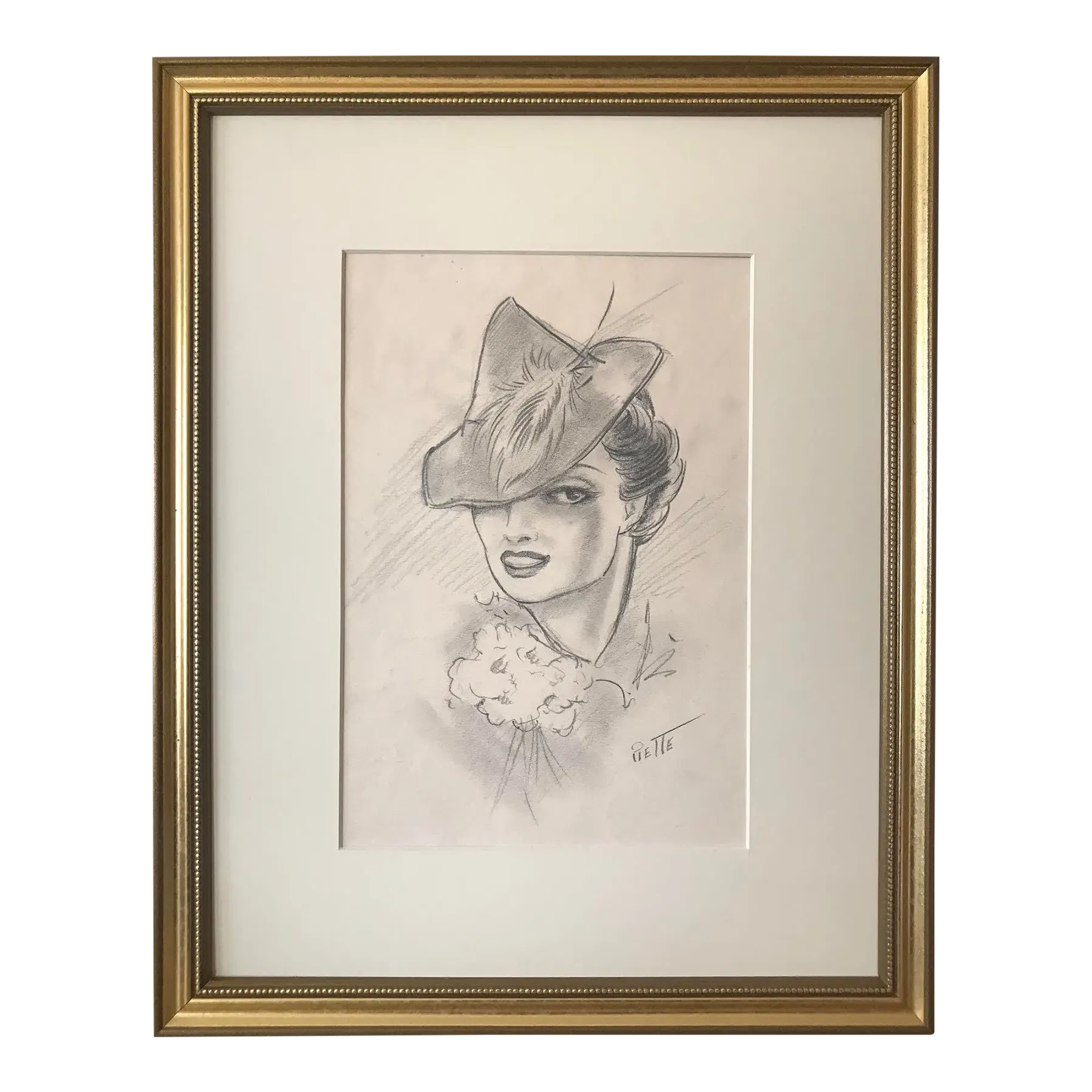 Vintage Original Art Deco Era Drawing Portrait of a Woman in Hat ...