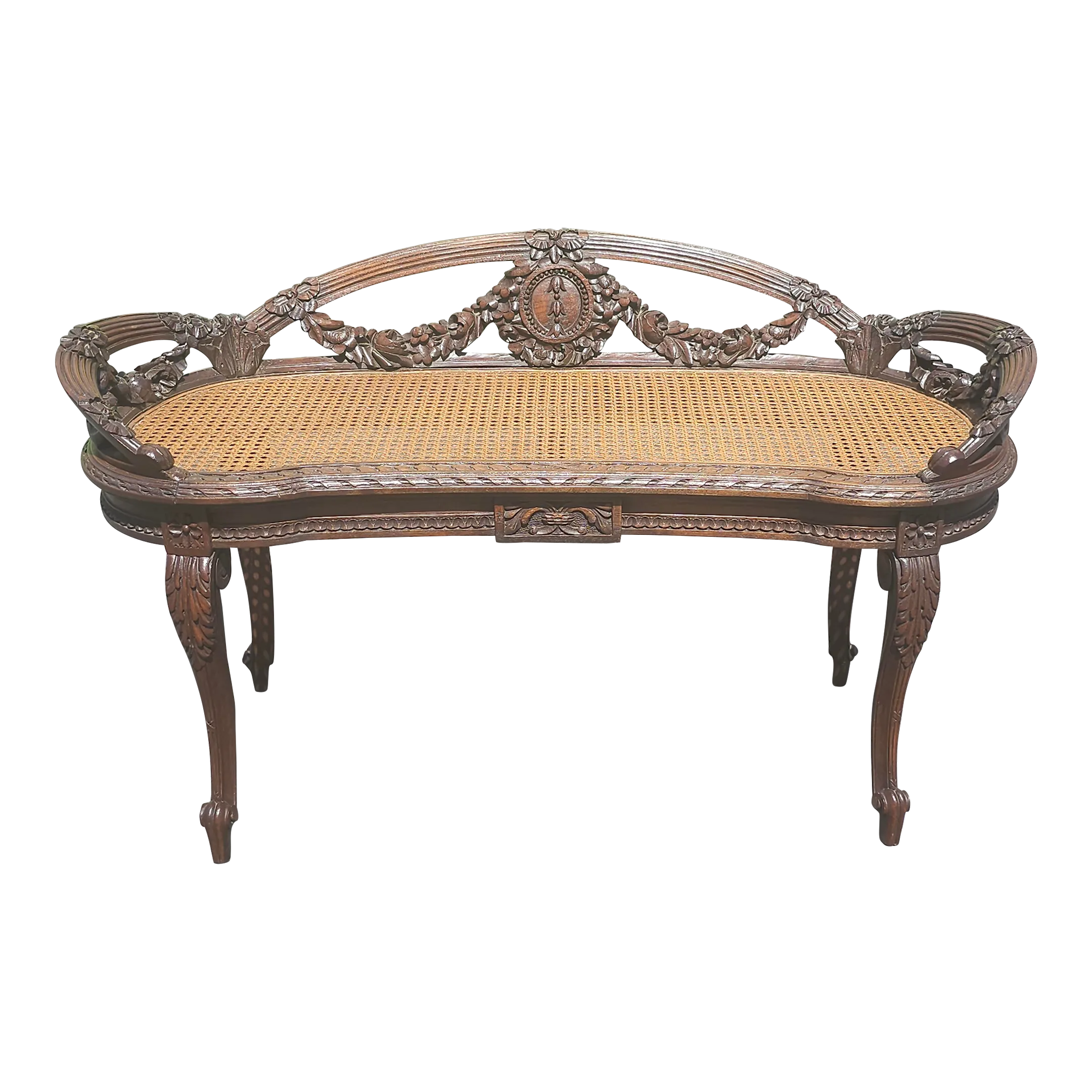 Louis XVI Style Carved Mahogany and Cane Seat Kidney Bench | Chairish