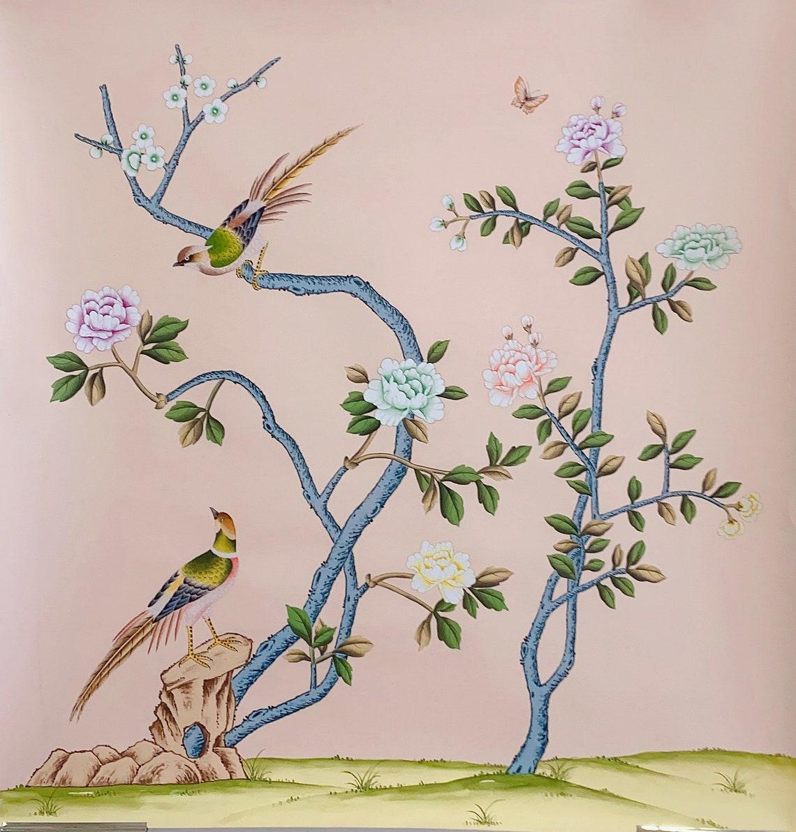 Chinoiserie Hand Painted Artwork on Pink Silk-Paper | Chairish