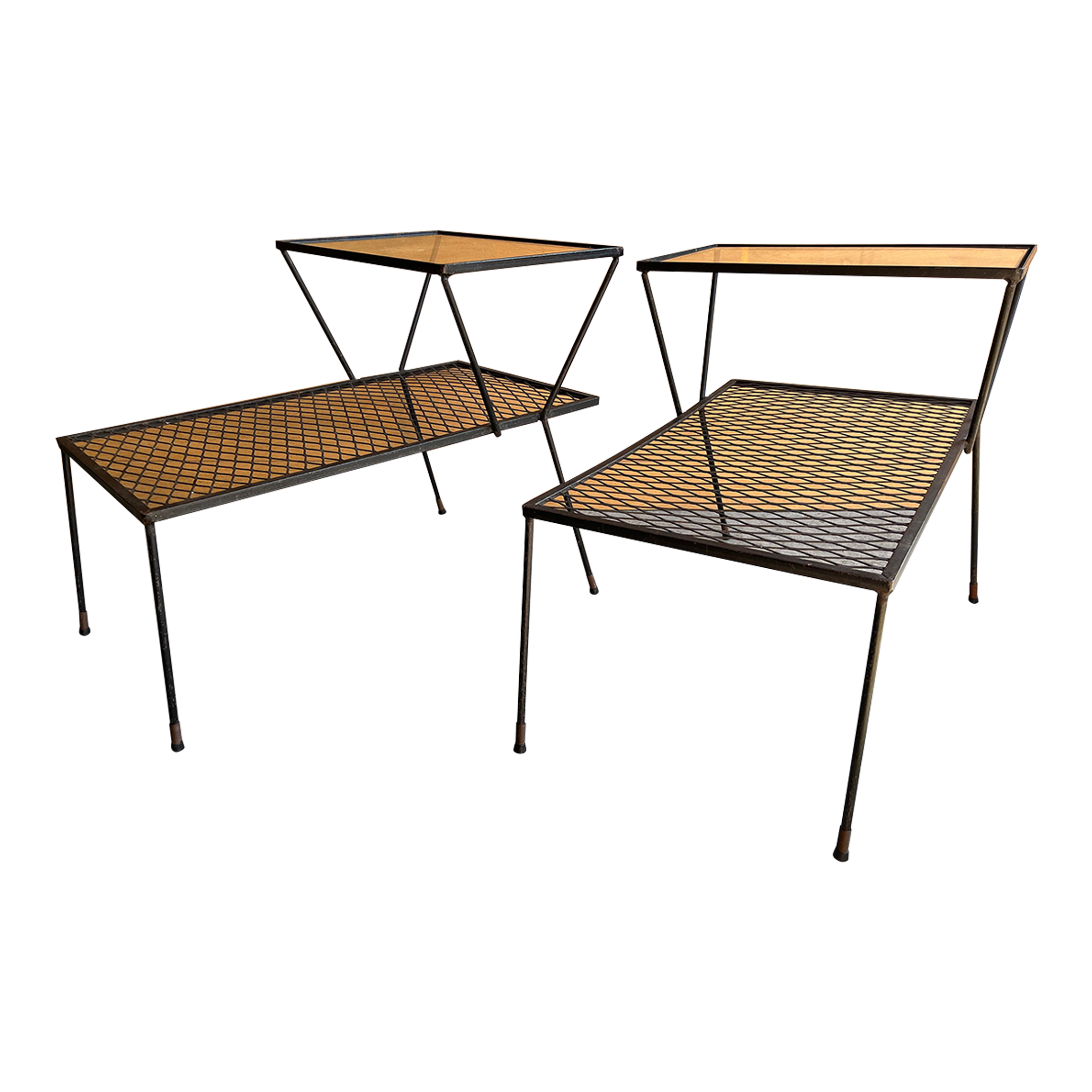 1950s Mid Century Iron and Glass Stepped Tables a Pair | Chairish