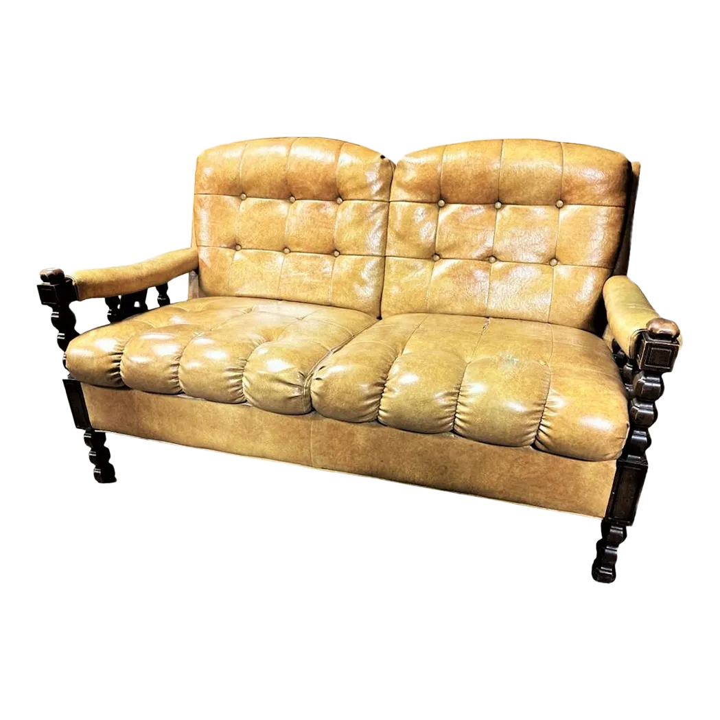 Mustard Yellow Vinyl Mid Century Spanish Revival Settee | Chairish
