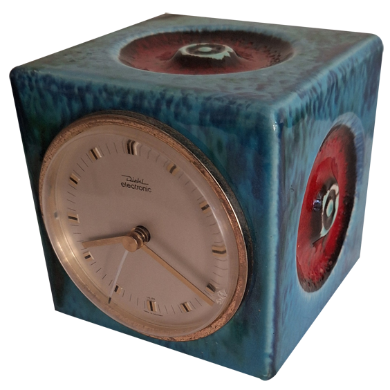 Vintage German Cube Clock with Ceramic Case in Red-Blue-Brown Glaze ...