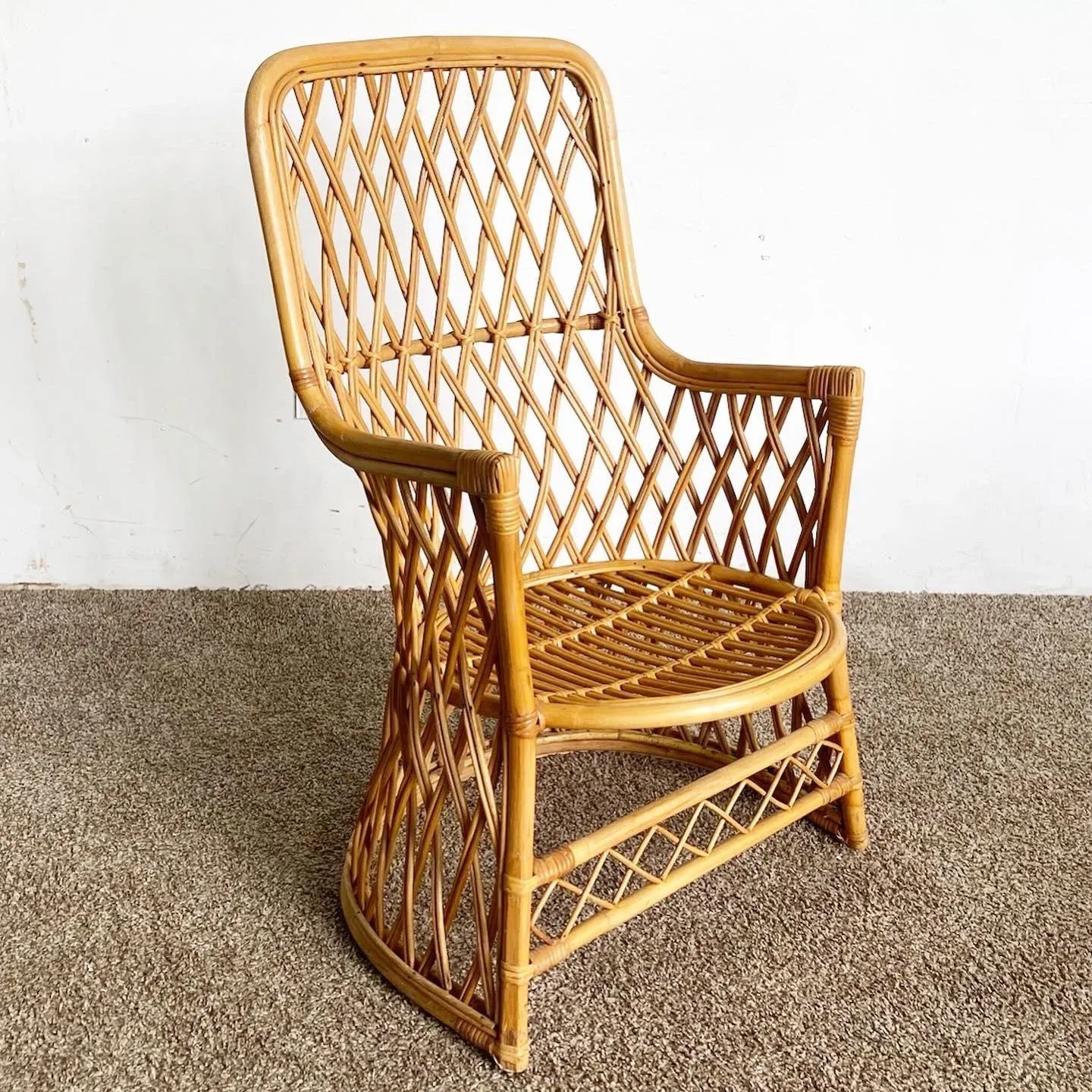 Boho Chic Bamboo Rattan Side Chair With Circular Brown Seat Cushion