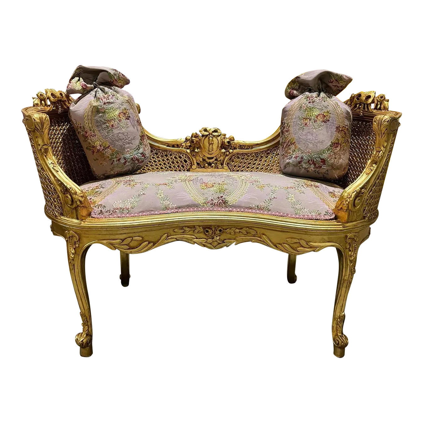 French Style Small Pink Bench Gold Leaf Frame With 2 Pillows | Chairish