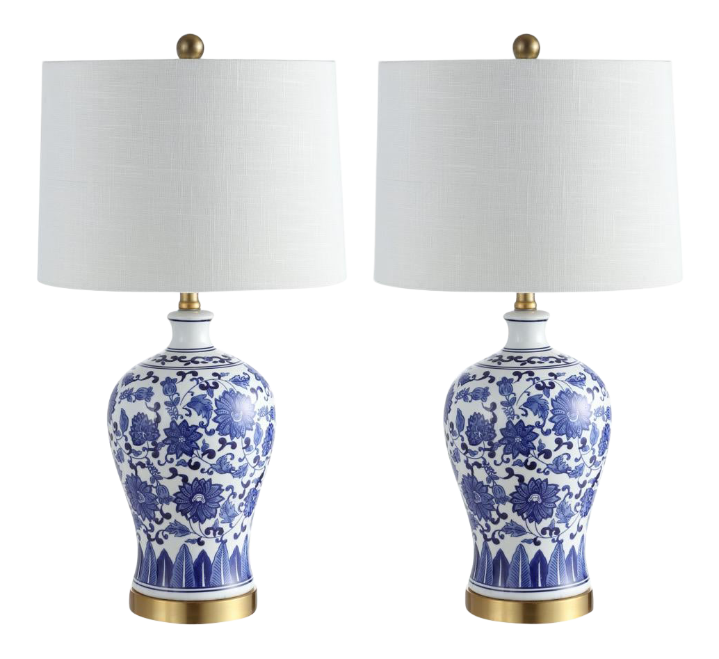 Ceramic & Metal LED Table Lamp, Blue & White - a Pair | Chairish