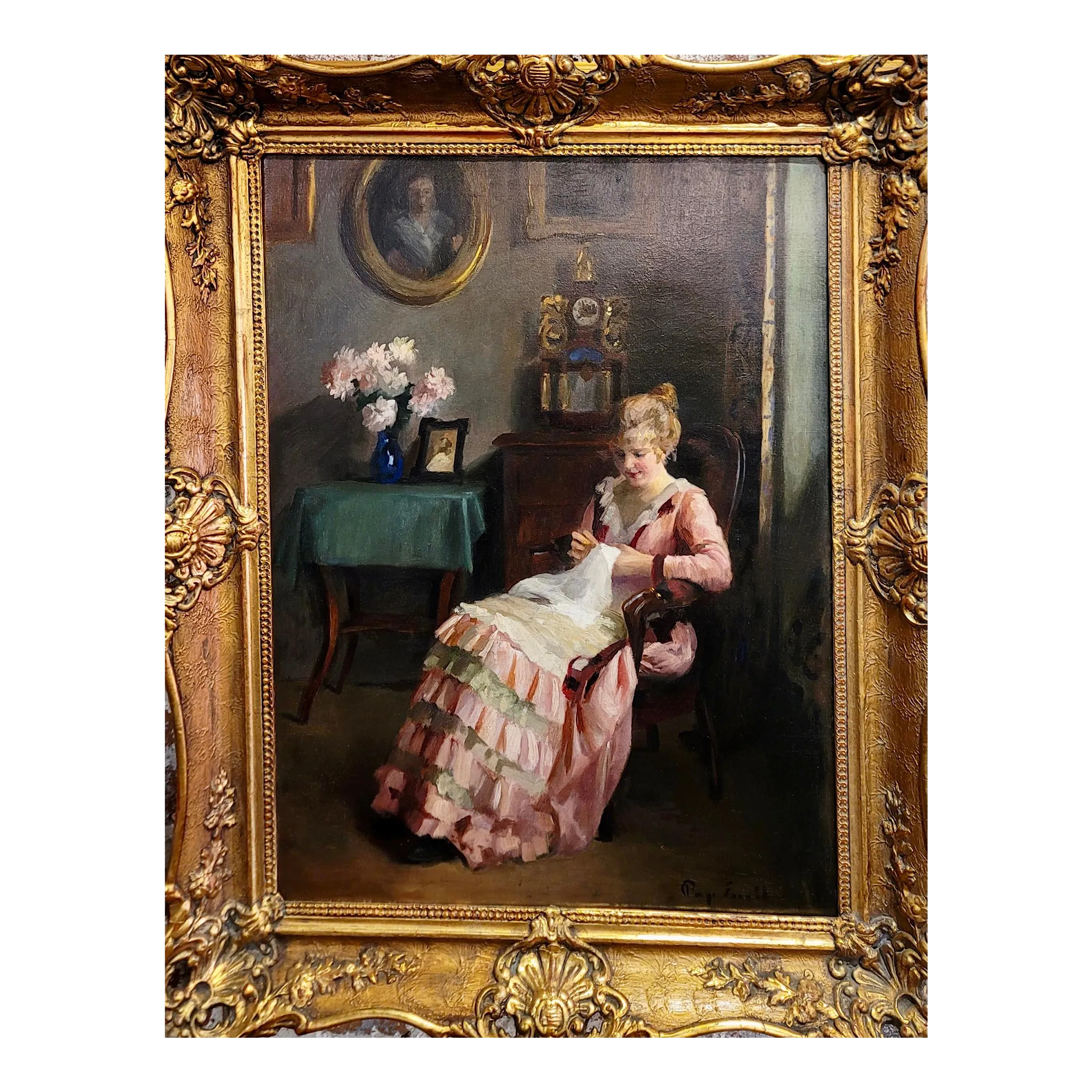 Emil Pap-Woman Sawing by the Window in an Elegant Home Interior-Oil ...