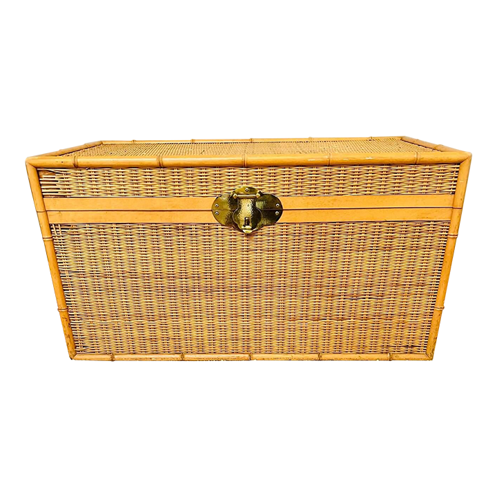 1980s Vintage Tan Rattan Trunk With Bamboo Trim | Chairish