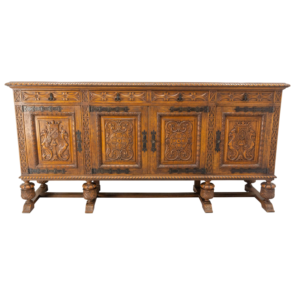 Spanish Oak and Hammered Wrought Iron Buffet with Fours Drawers and ...