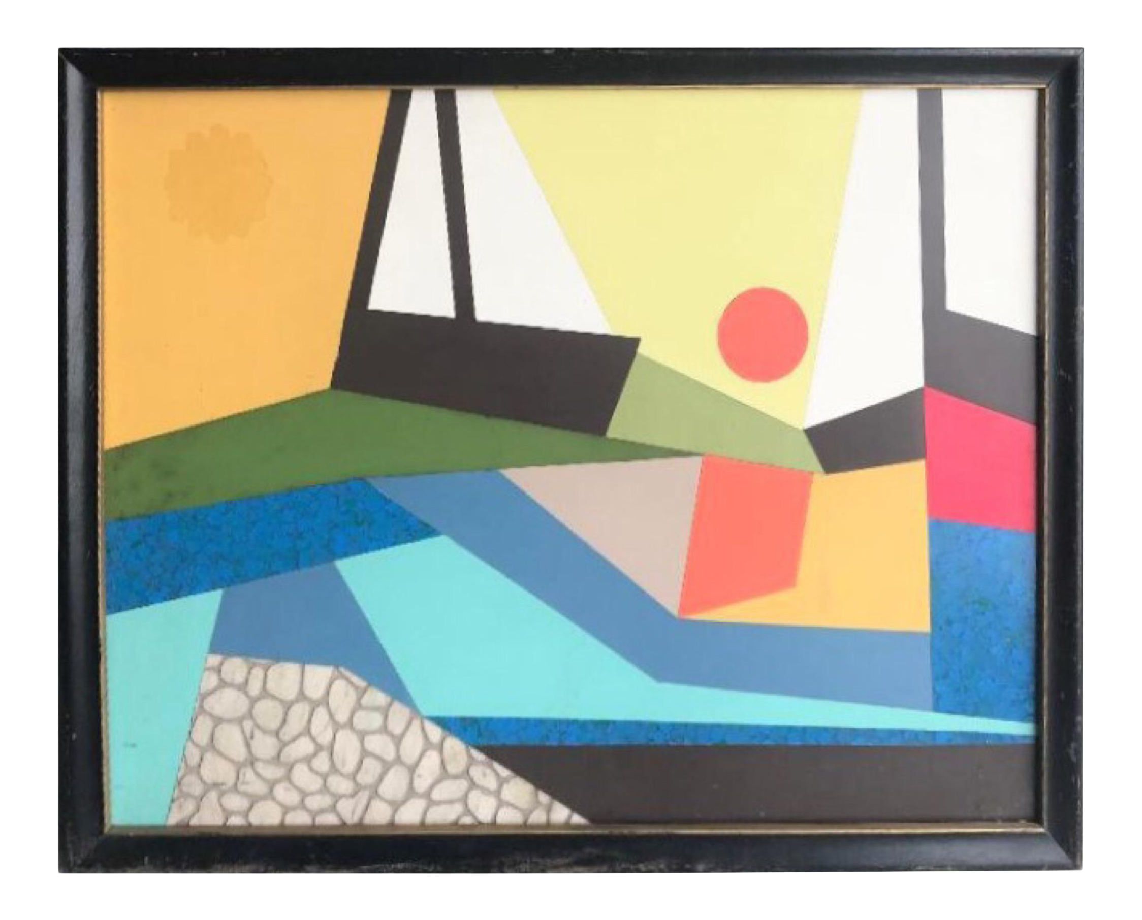 Vintage Folk Art Linoleum Tile Expressionist Marine Mosaic Painting ...