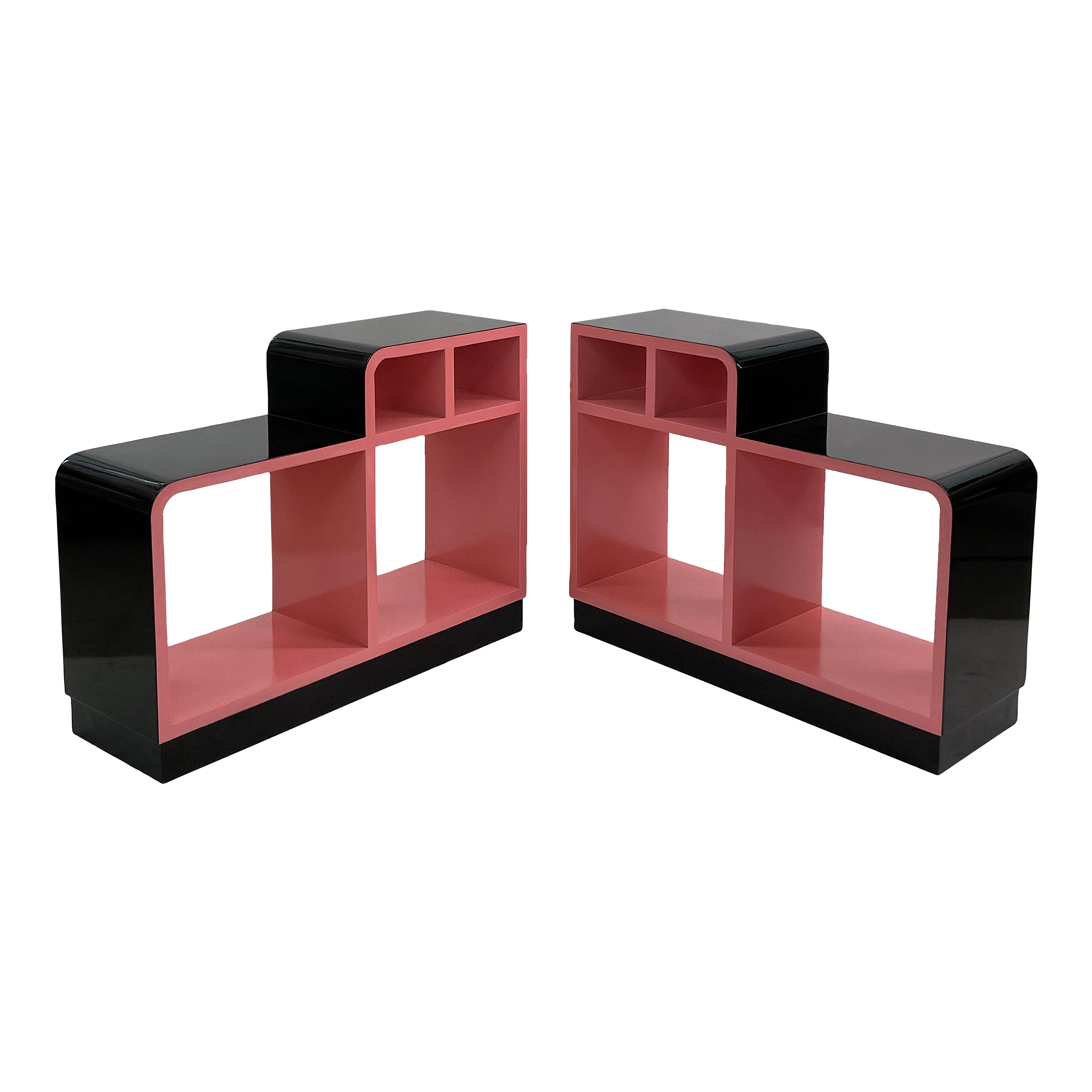 Stepped Art Deco Stands Lacquered in Black and Pink | Chairish