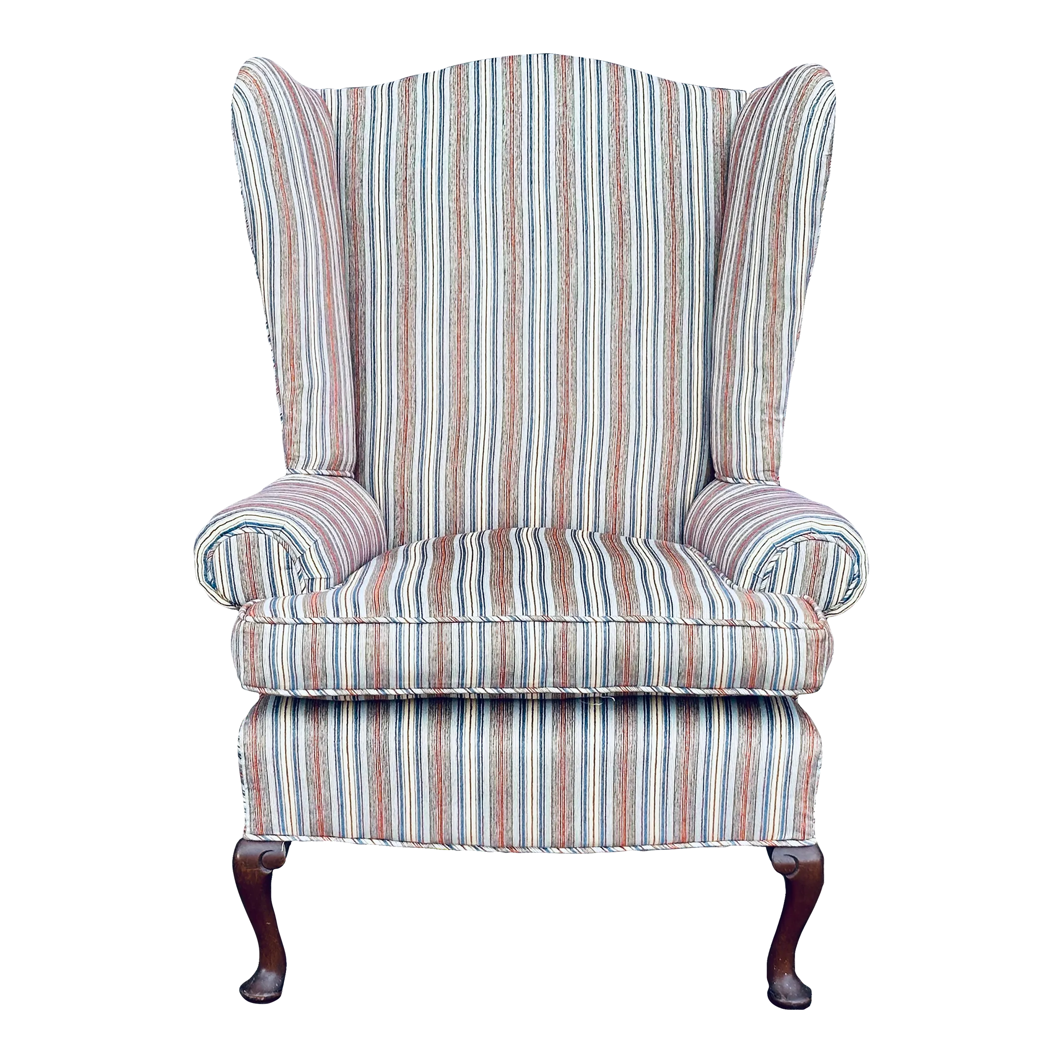 Reupholstered Striped Wing Chair With Feather Cushion | Chairish