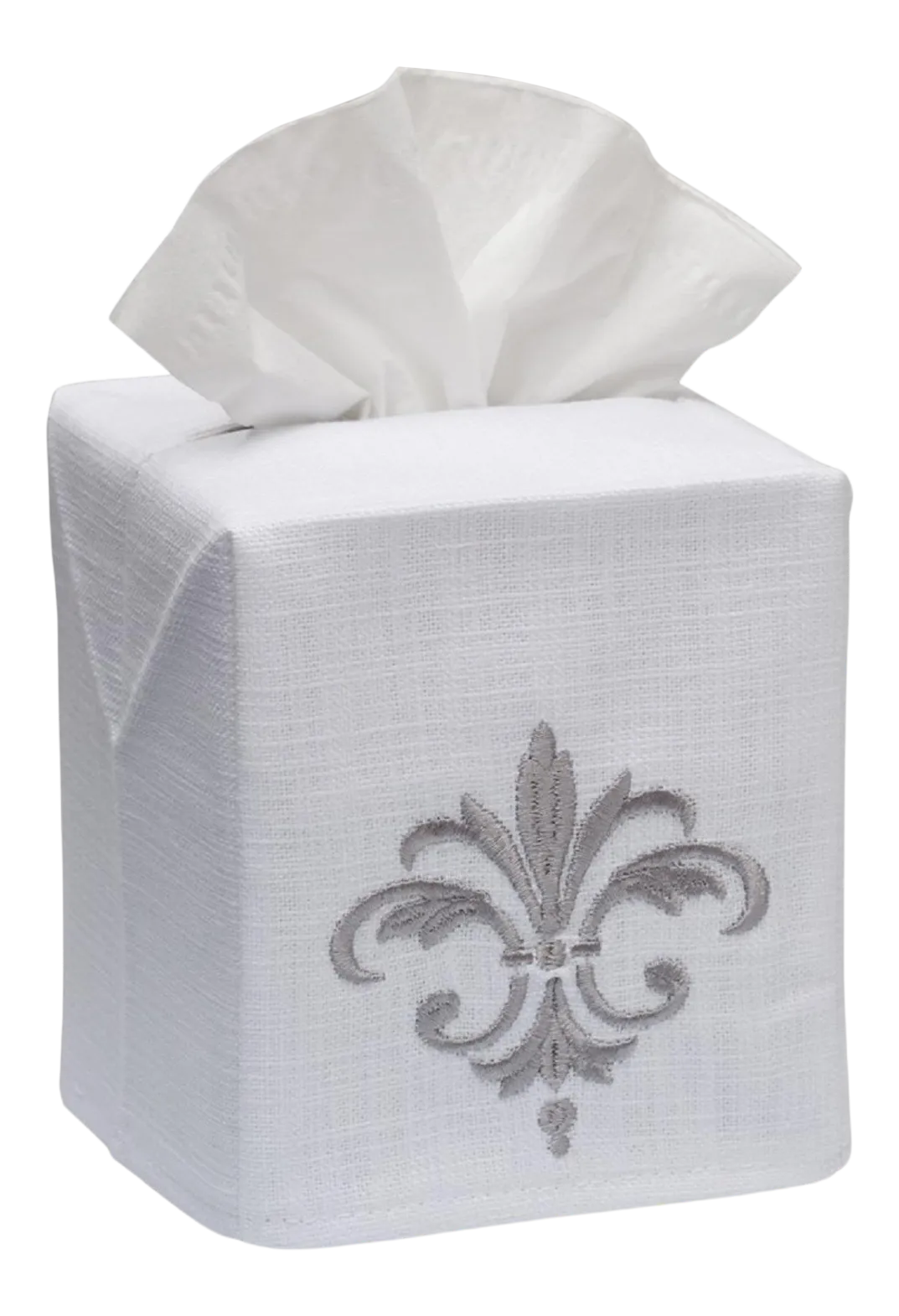 Pewter Fleur-De-France Tissue Box Cover in White Linen & Cotton ...