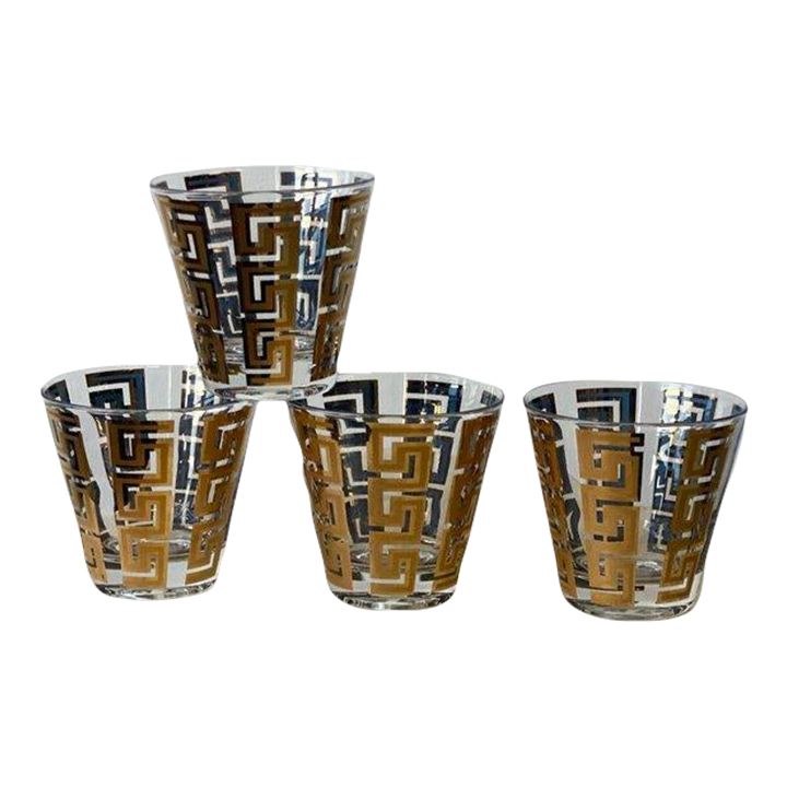 Vintage 22k Gold + Teal Greek Key Motif Double Old-Fashioned Glassware ...