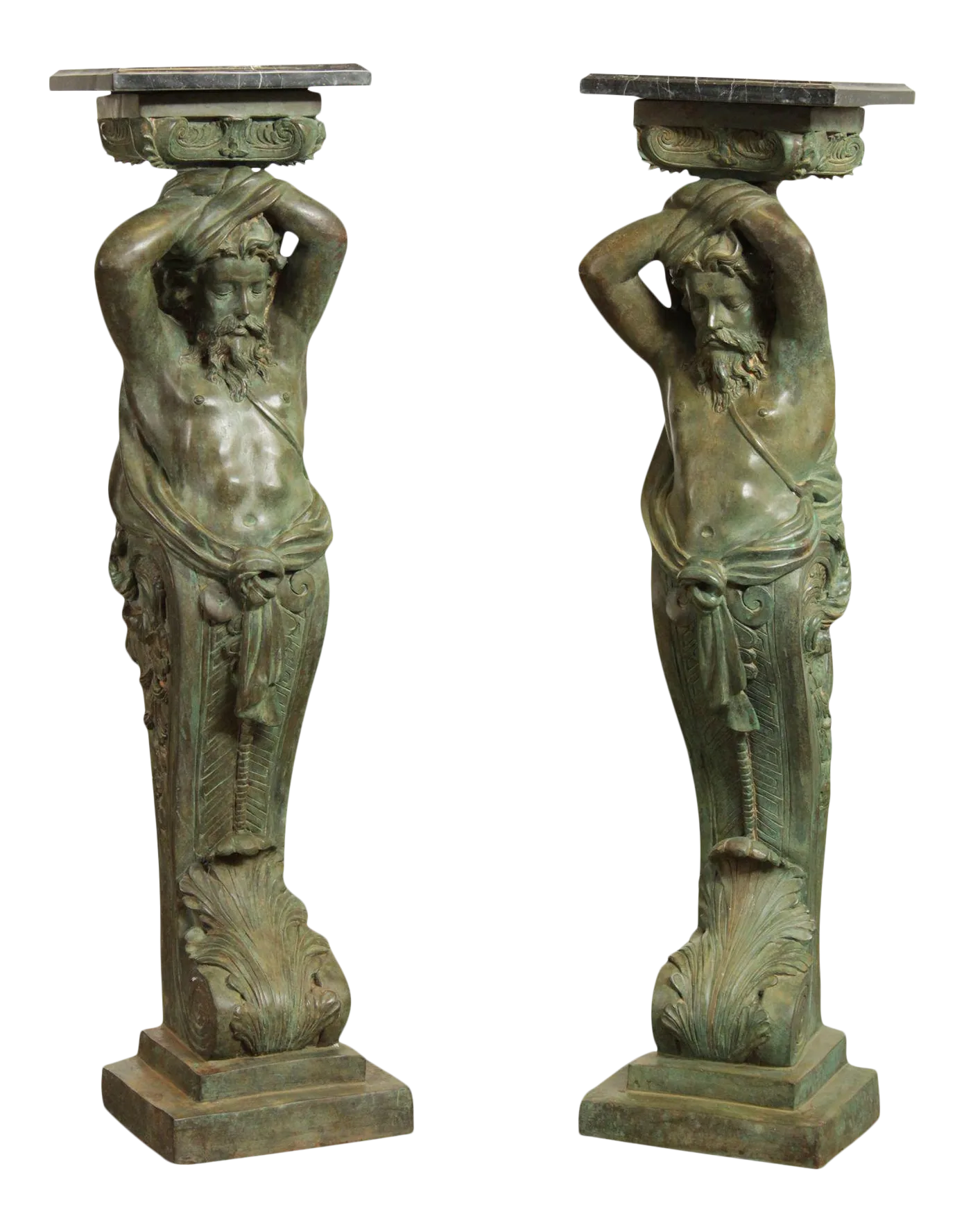 Bronze Marble Top 'Telamon' Greek God Statues - 48 inch Pedestals - a ...