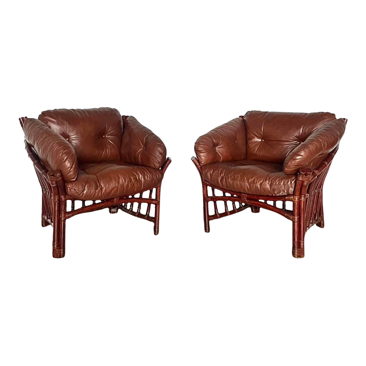 1970s Mid Century Boho Leather Bamboo And Rattan Pair Of Club Chairs After Percival Lafer