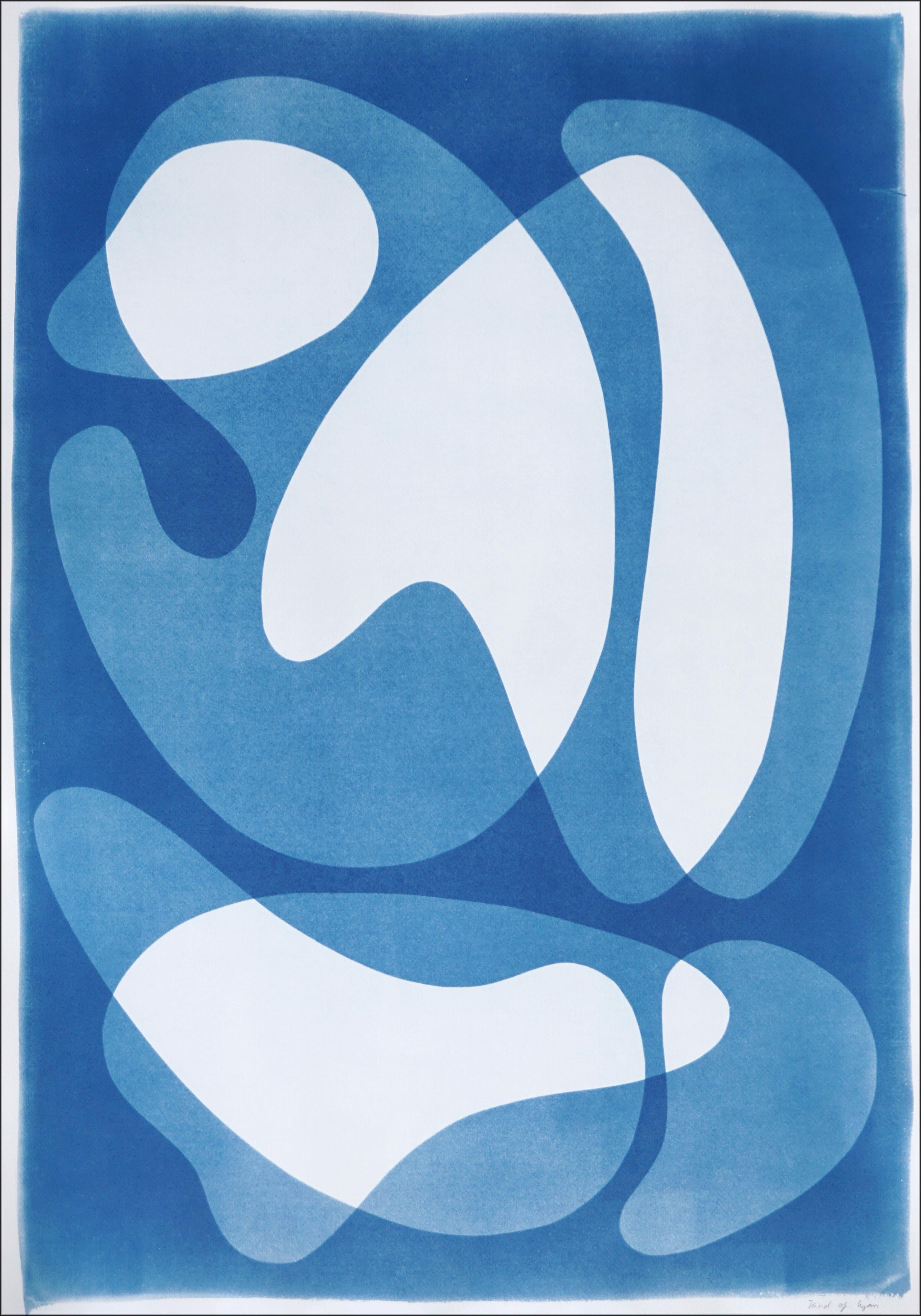 2024, Mid-Century Modern Shapes Handmade Monotype in Blue Tones on ...