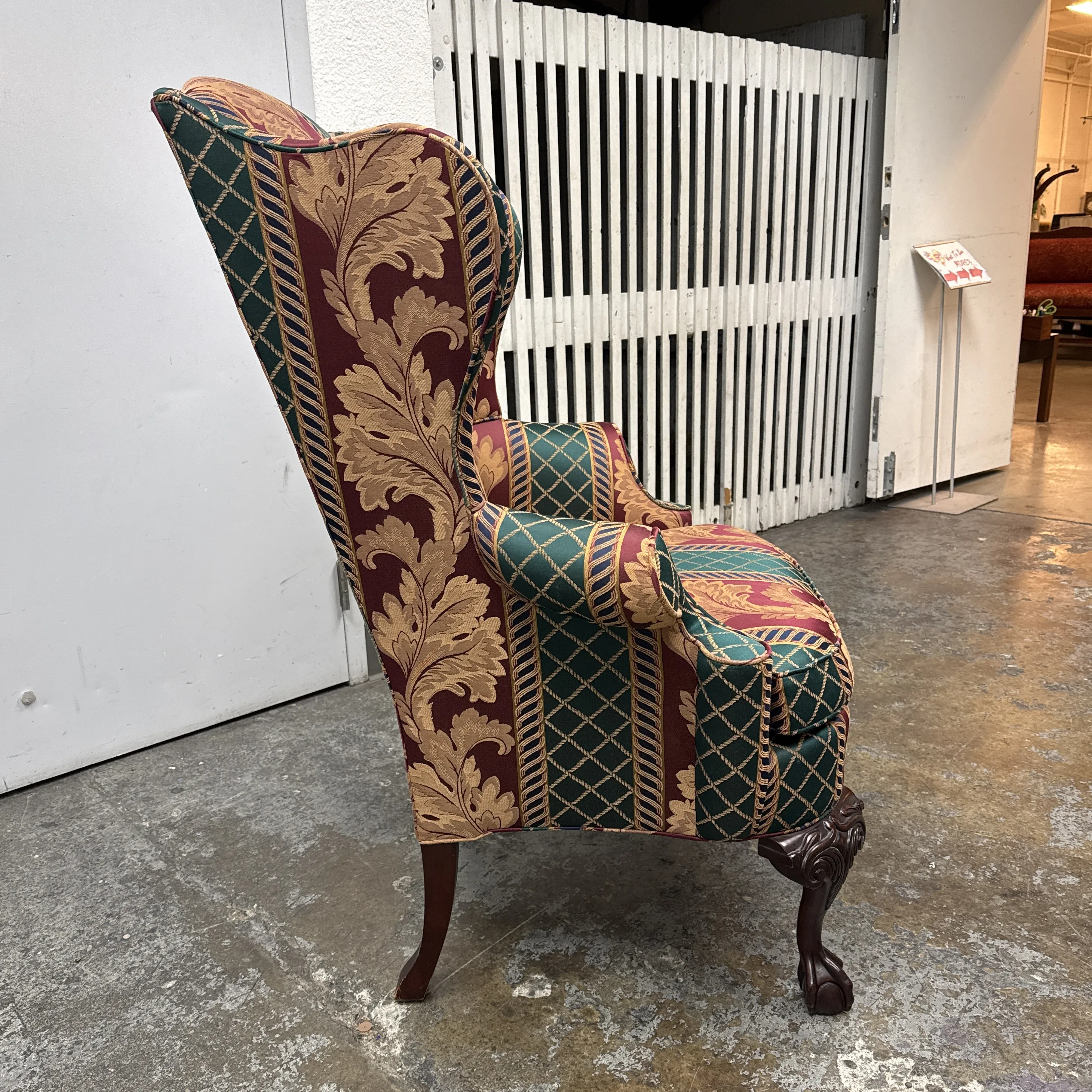 Late 20th Century Thomasville Patterned Sateen Wing Back Chair