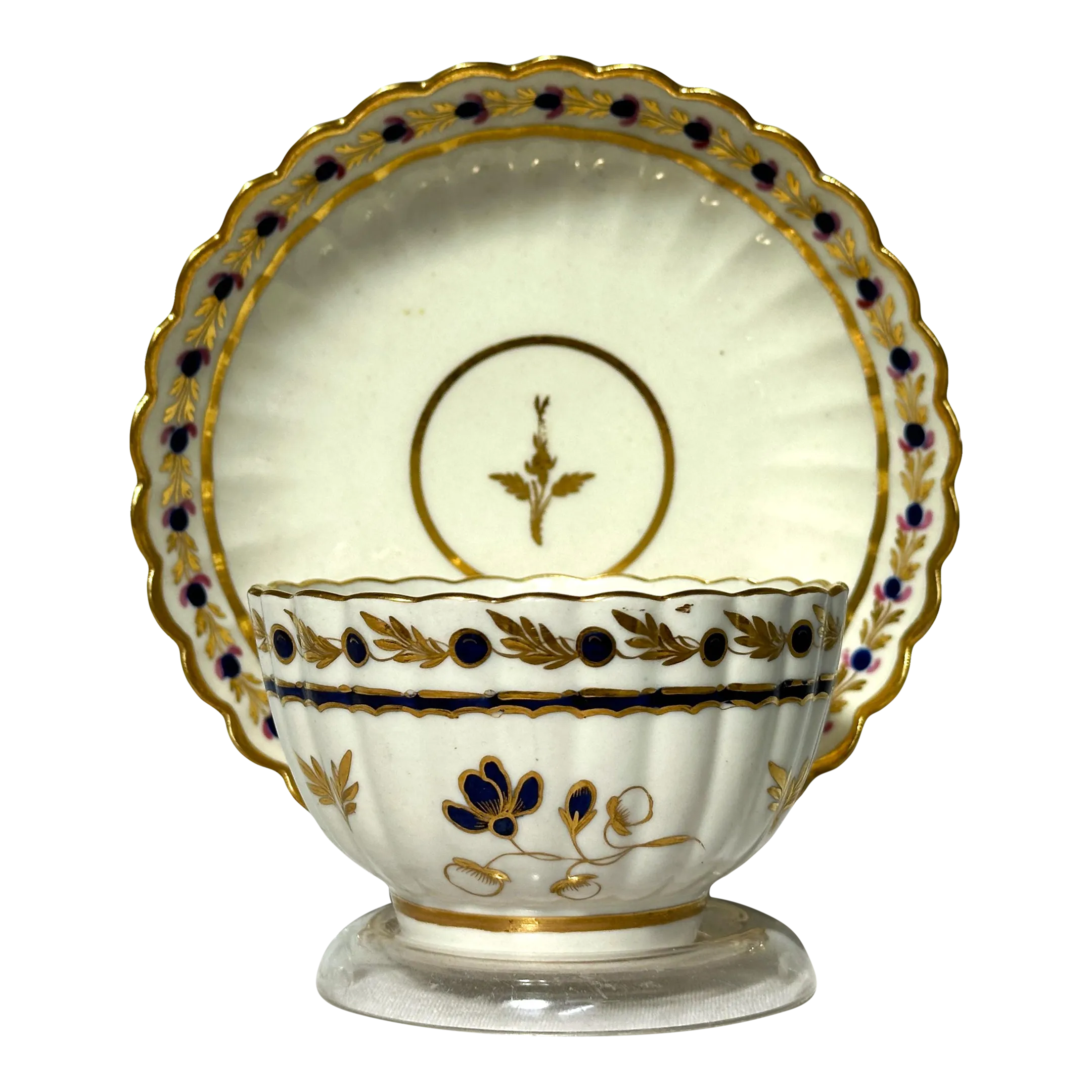 18th Century Early Worcester Tea Bow and Saucer, Fluted Cobalt and Gold ...