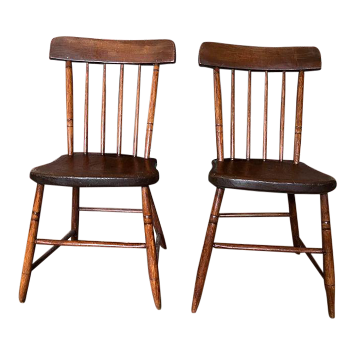 19th Century Pair of Antique American Primitive Style Spindle Back Pine ...