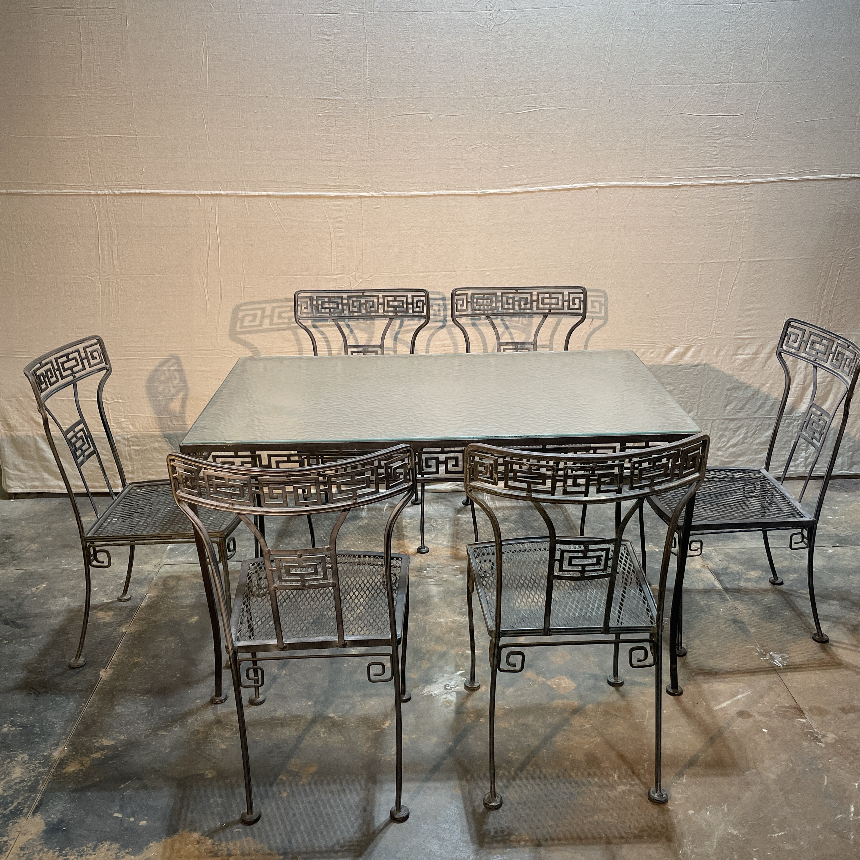 1940s Salterini Greek Key Wrought Iron Patio Table 6 Chairs Chairish