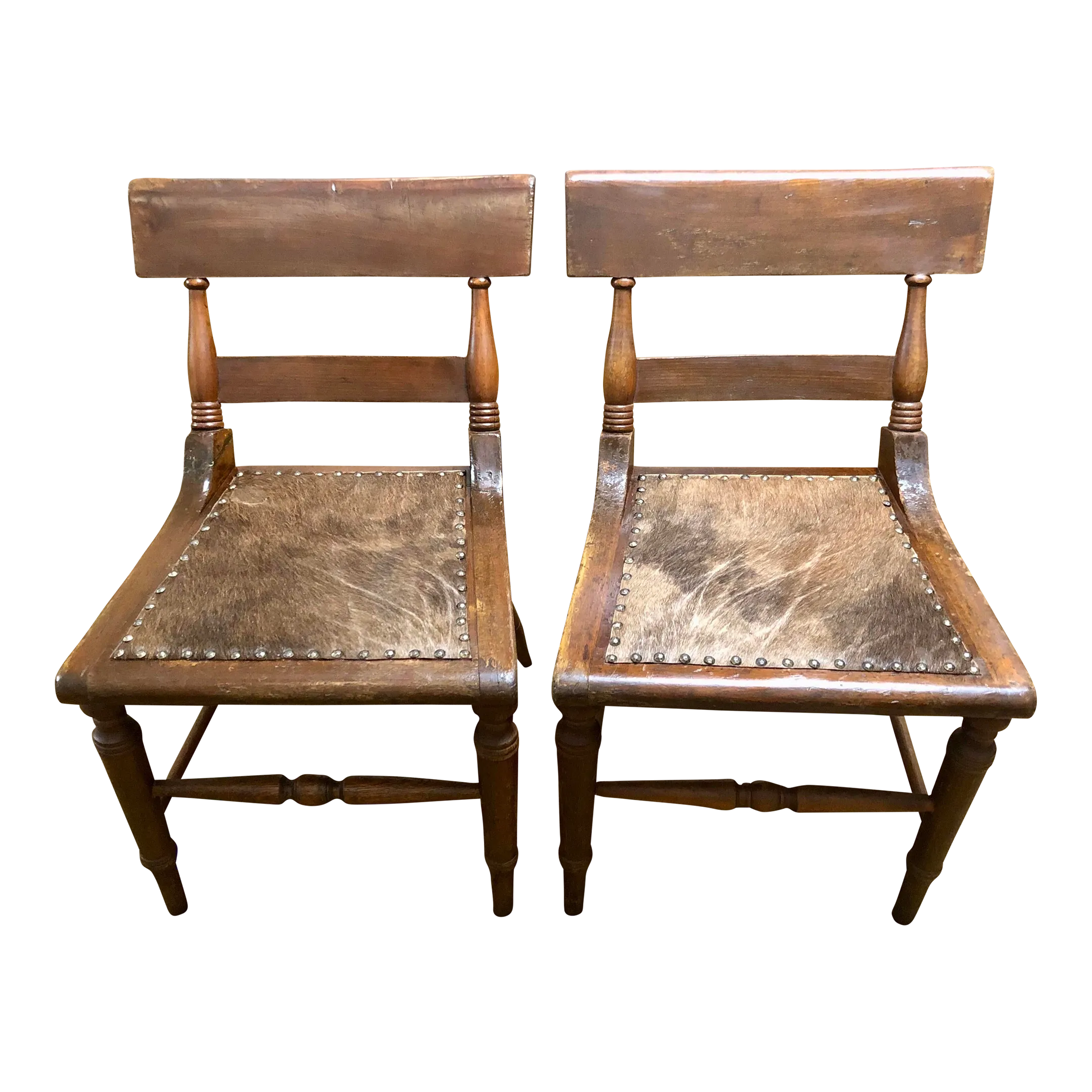Pair of Antique 1800s Slant Back Chairs With Hair on Hide Seat | Chairish