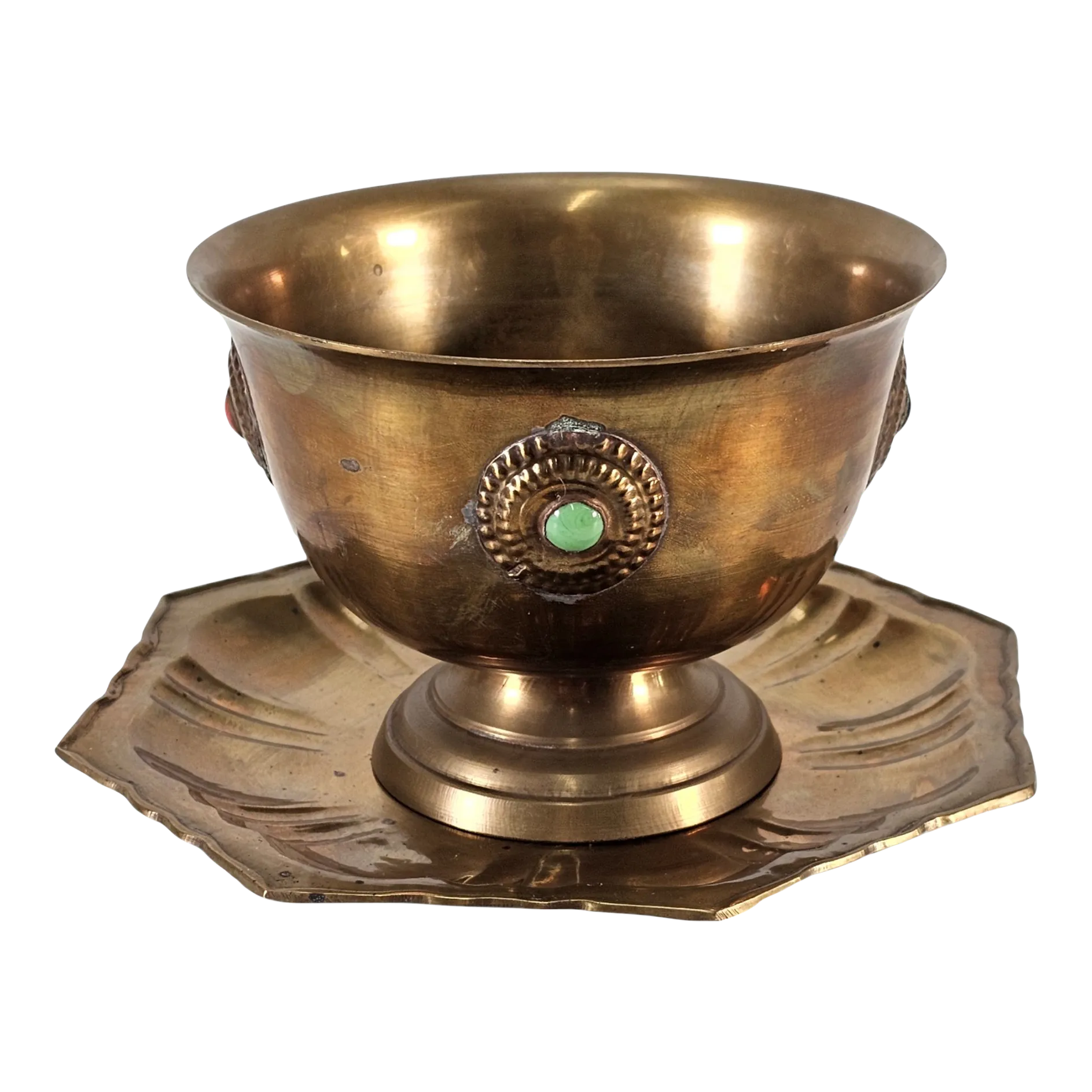 Mid Century Indian Brass Footed Bowl Chalice Jeweled 5.25" | Chairish