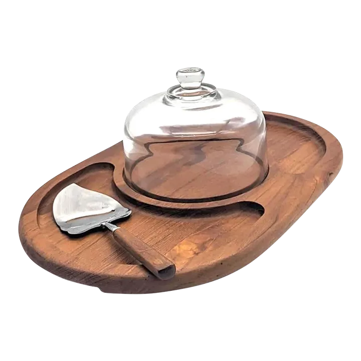 1970s Teak Wood Cheese & Charcuterie Tray With Glass Cloche | Chairish