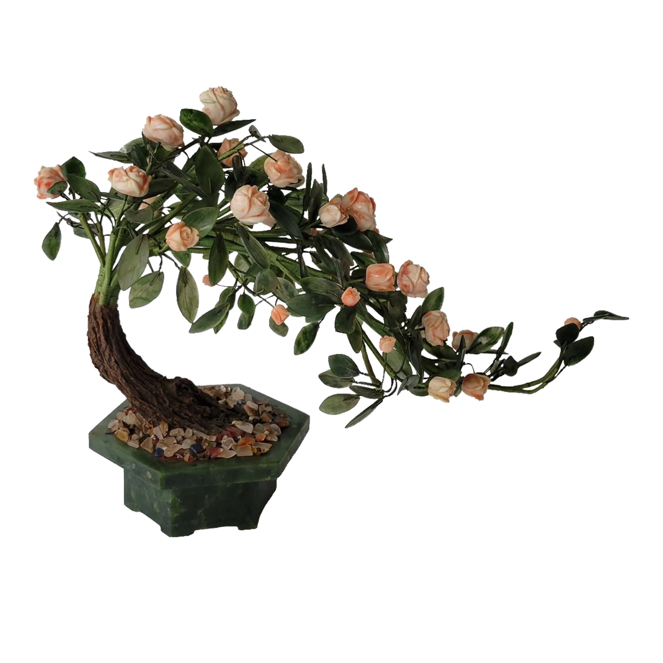 Mid 20th Century Chinese Green Jade Tree With Pink Salmon Roses | Chairish
