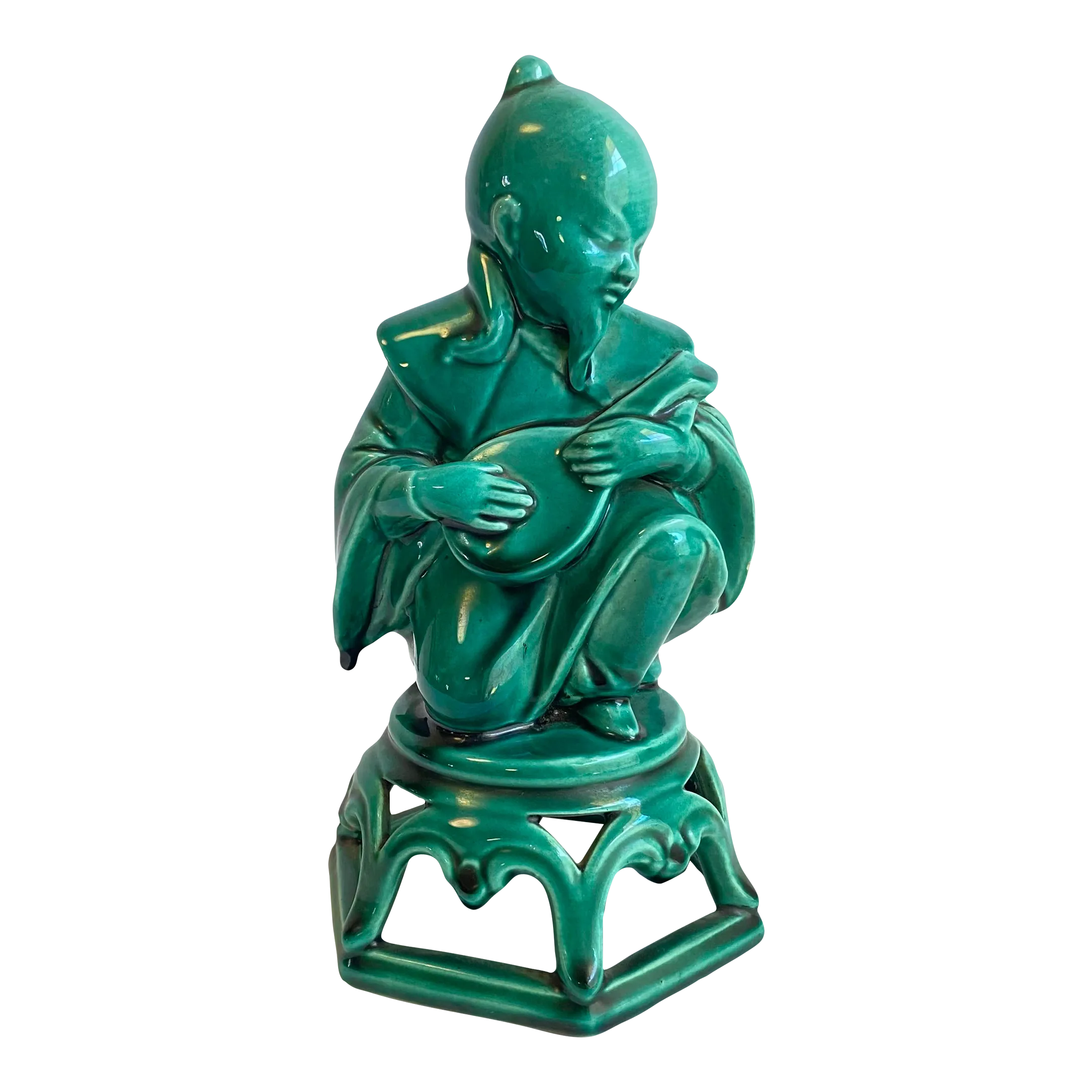 Japanese Figural Man Musician Statue Teal Green Glaze Signed Italy ...