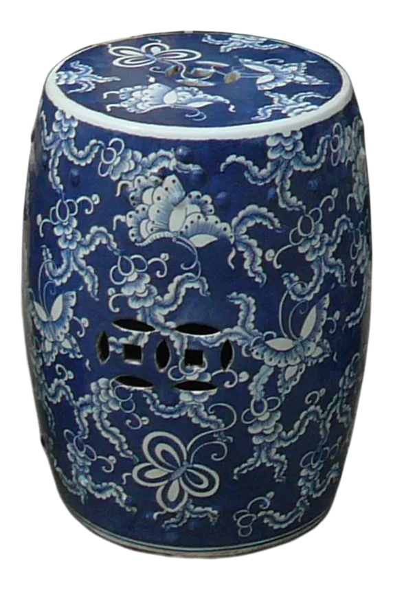 Chinese Blue & White Porcelain Round Butterflies Stool | Chairish