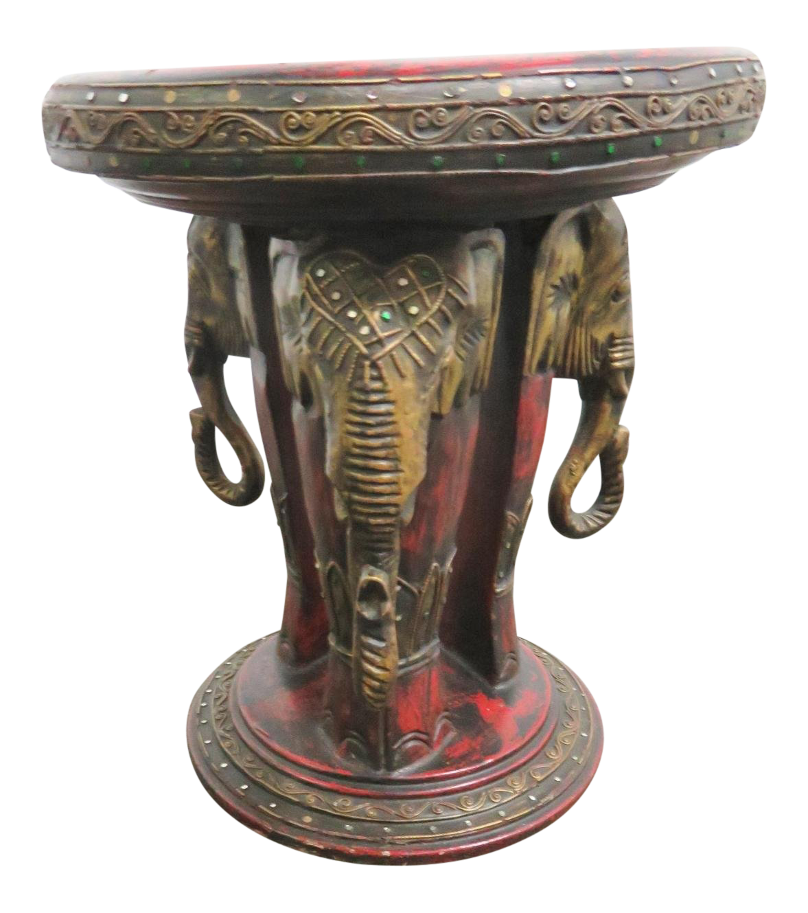 Asian Style Carved & Painted Elephant Stool | Chairish