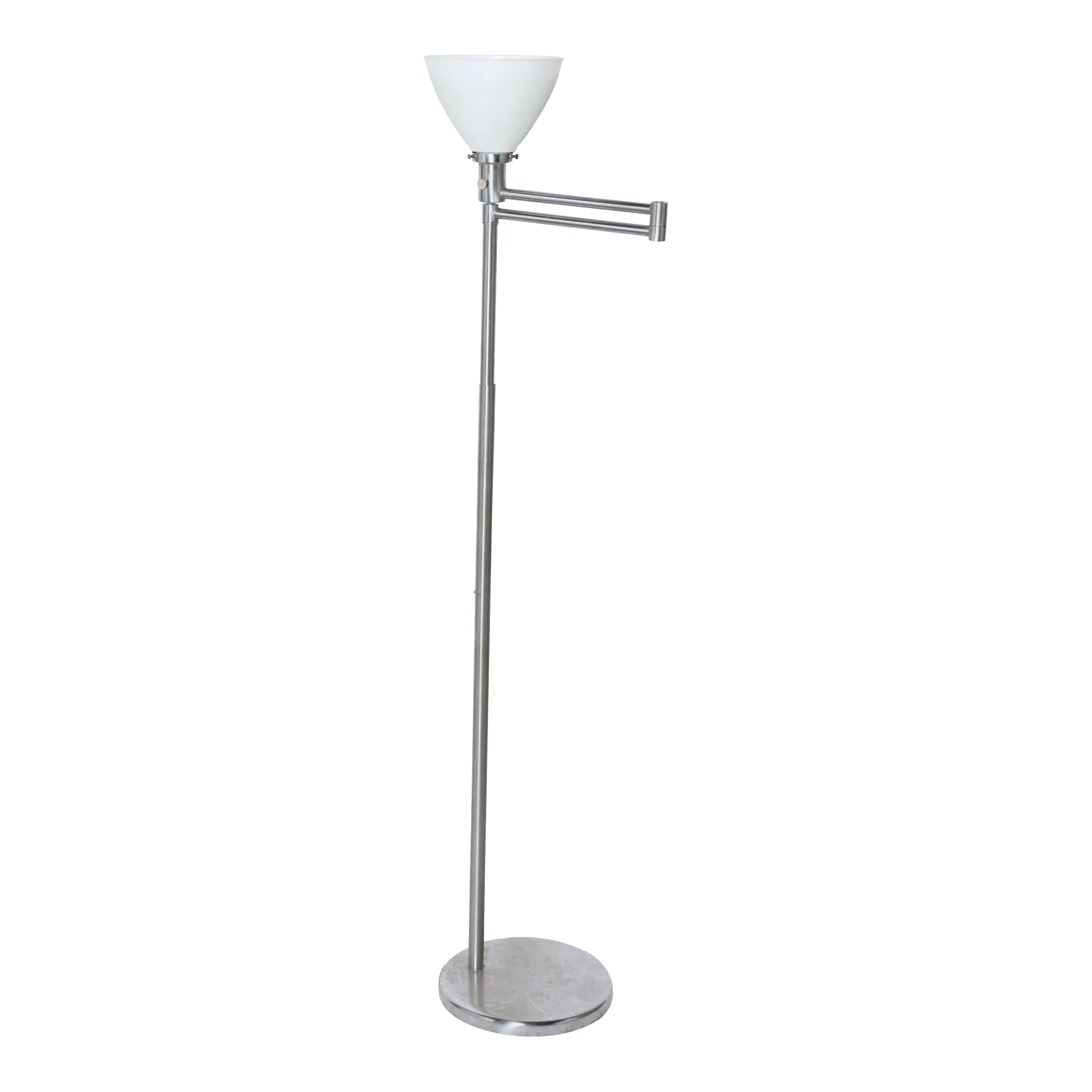 1950s Walter Von Nessen Brushed Steel Swing Arm Floor Lamp with White ...