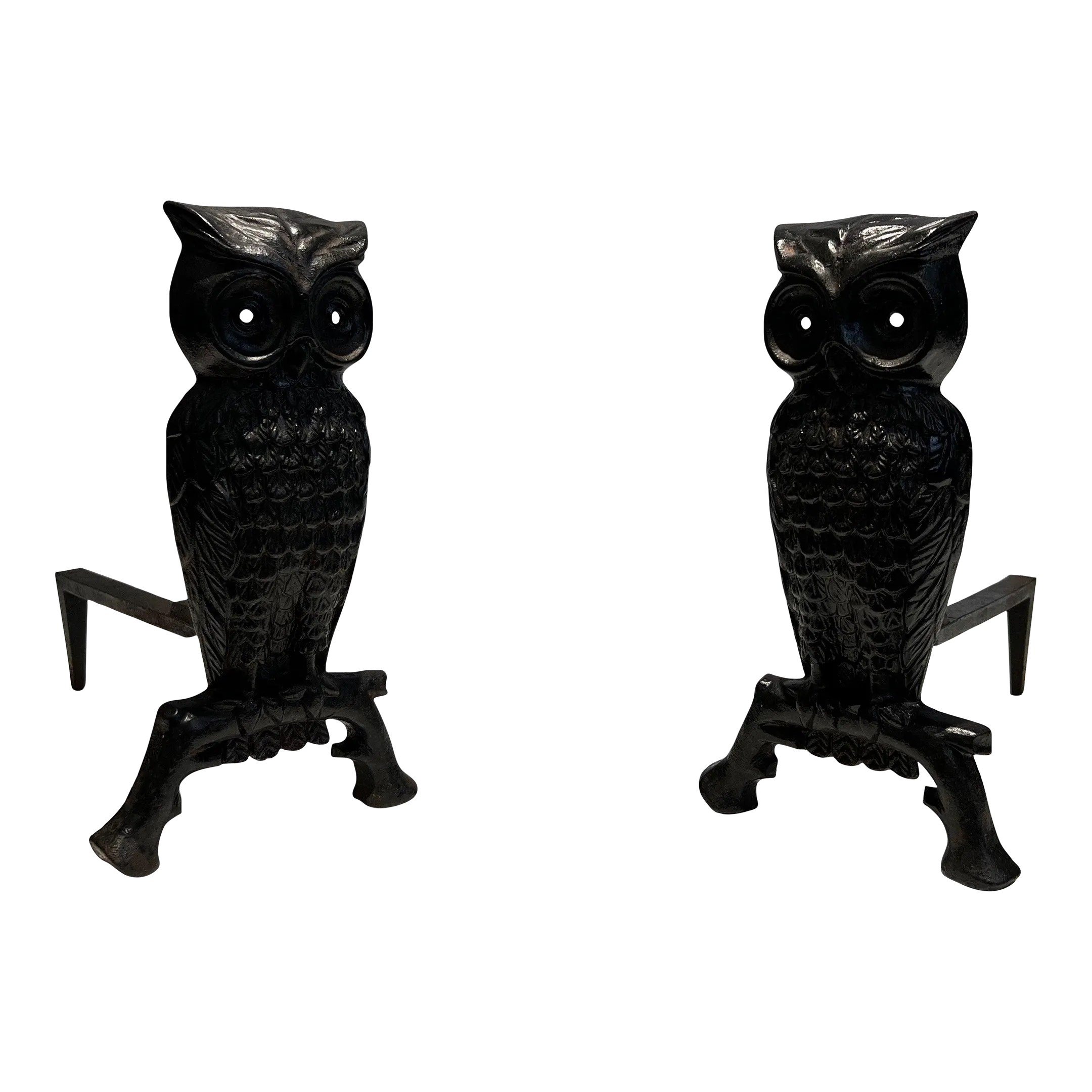 Cast Iron and Wrought Iron Andirons Showing an Owl - A Pair | Chairish