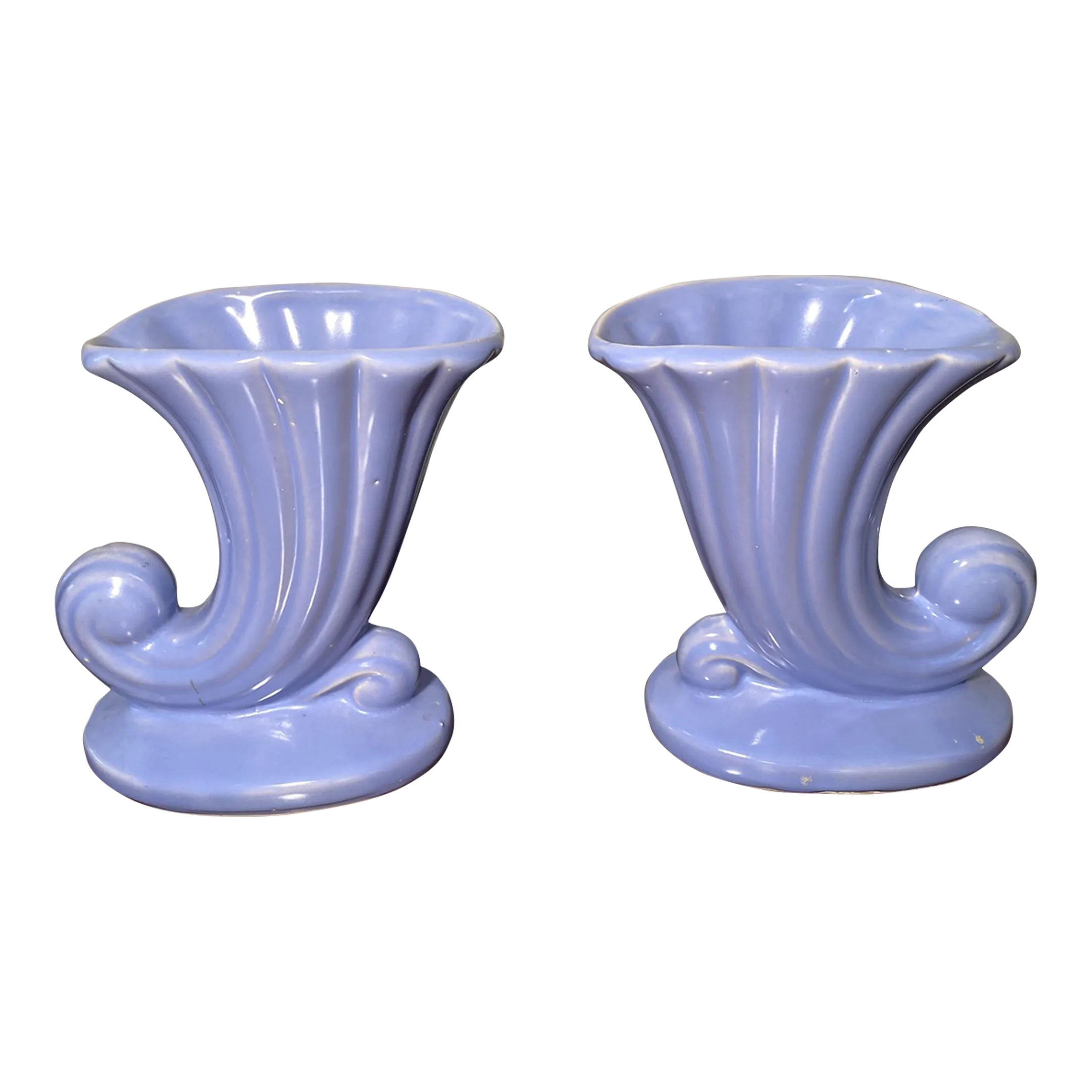 Pair of Mid Century Shawnee Pottery Periwinkle Cornucopia Vases | Chairish